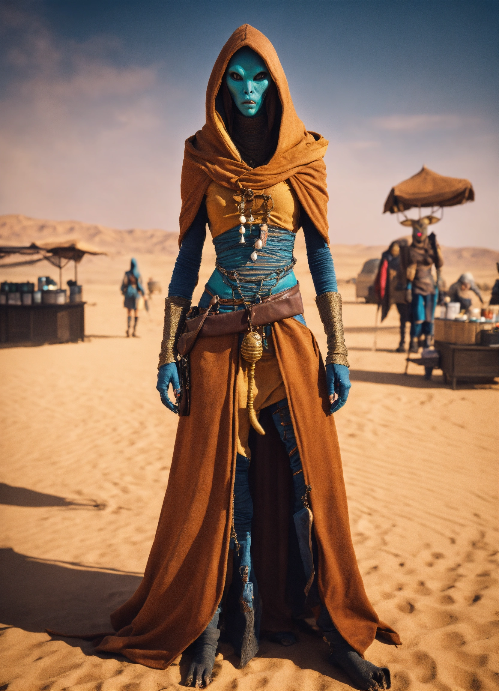 Lexica - Very slim and tall female alien creature merchant on a desert ...