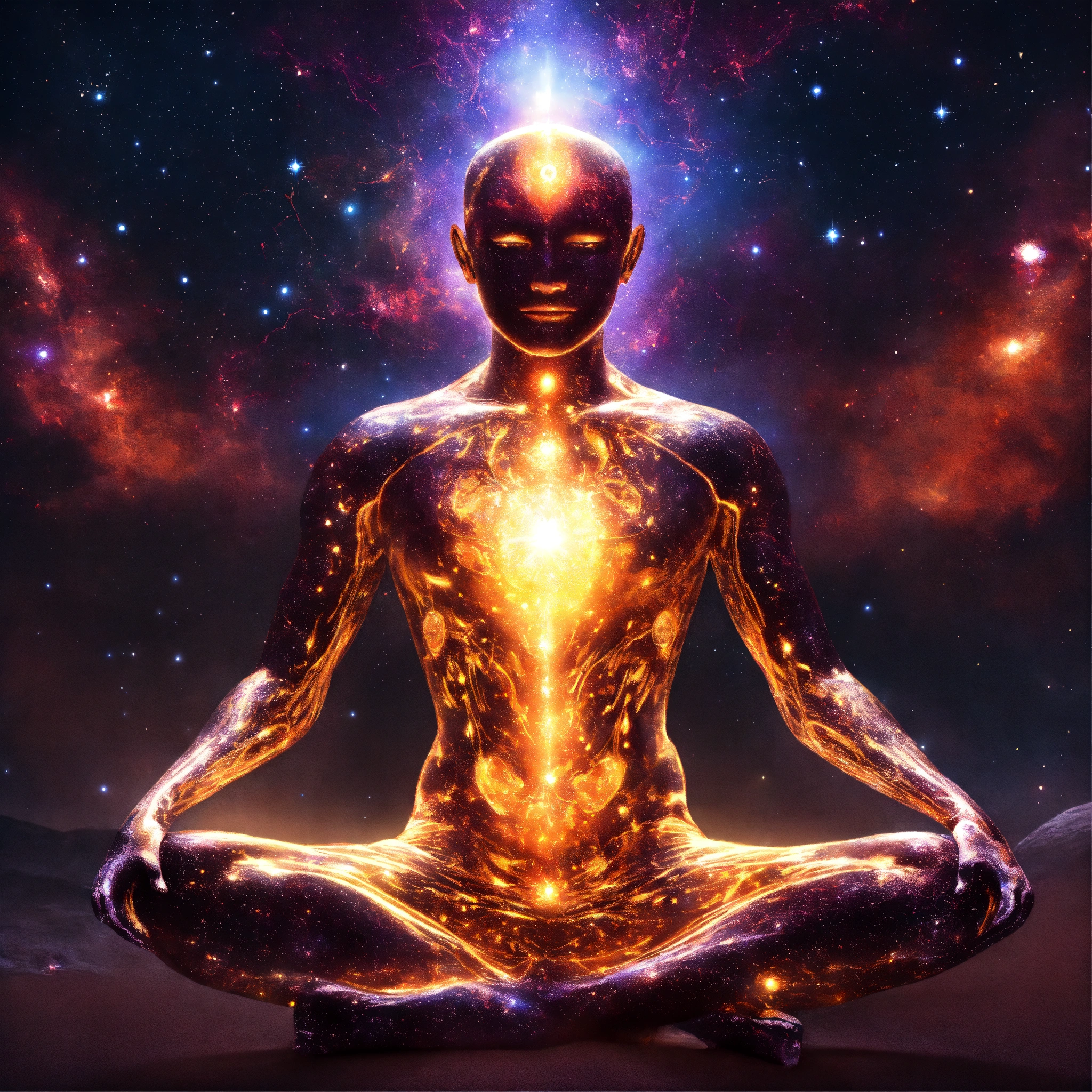 Lexica - Glowing humanoid meditates and transforms the body to fulfill ...
