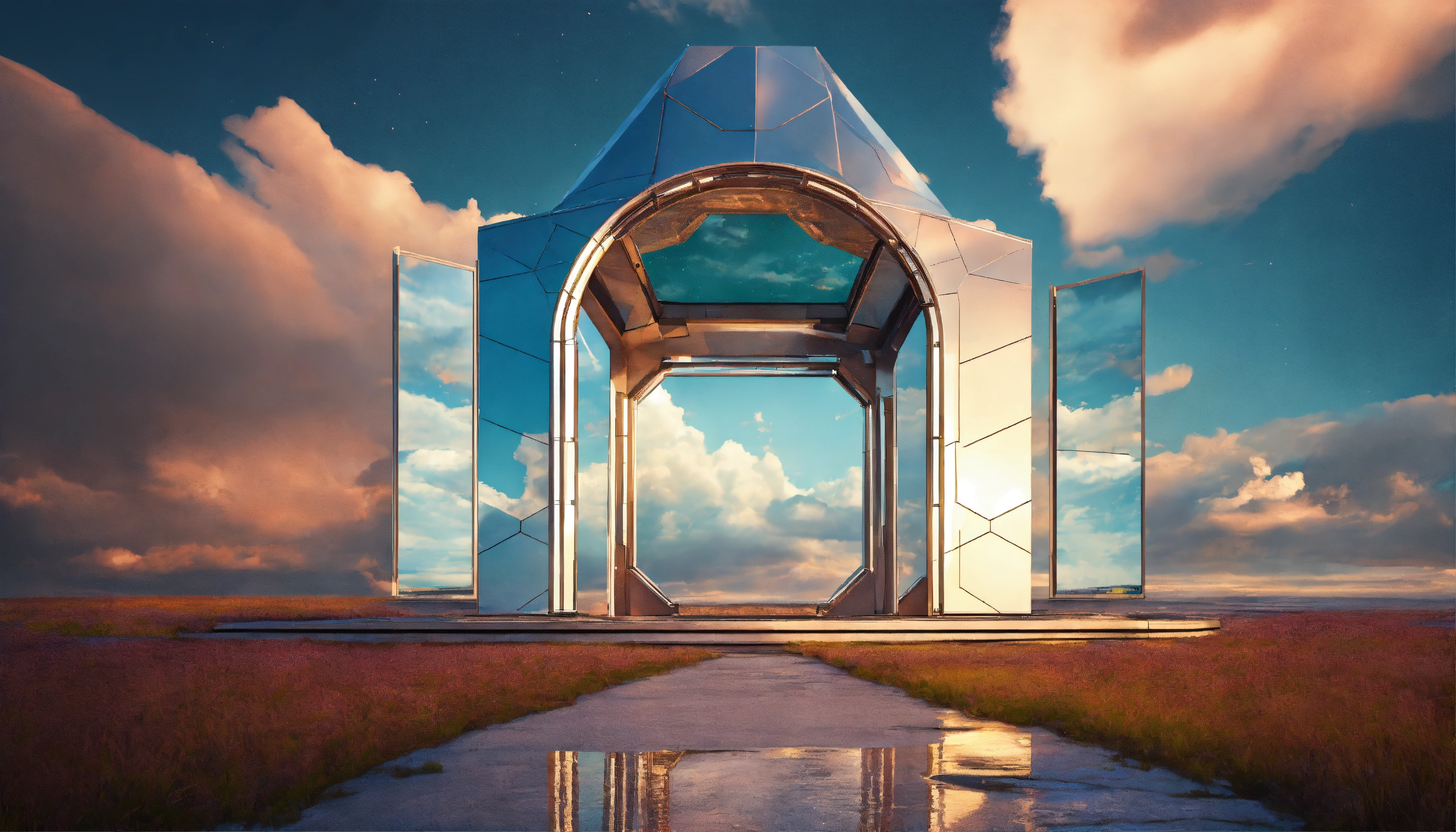 Lexica - Futuristic angular gate on mirror ground and clouds