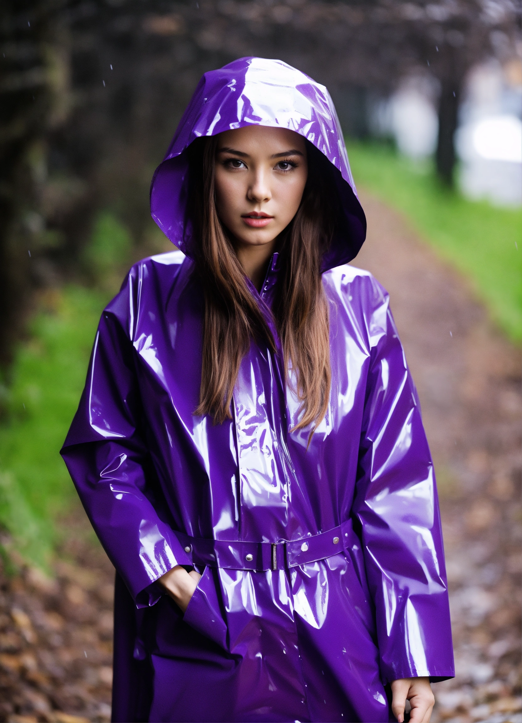 Lexica - Girl in glossy purple rubber rainwear