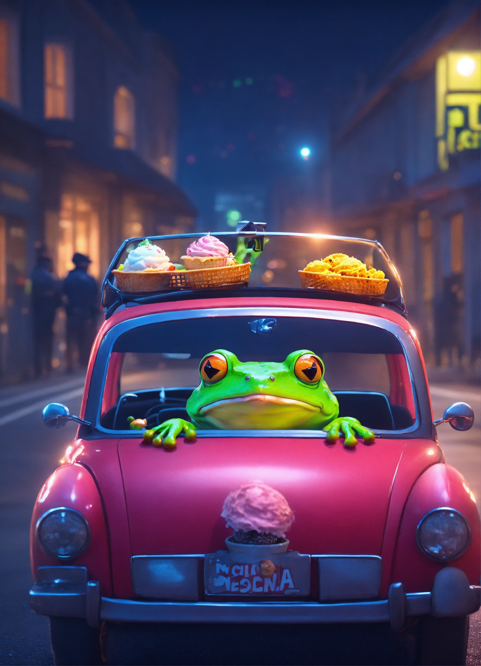 Lexica - Cute frog and frog mafia member driving car and eating ice ...