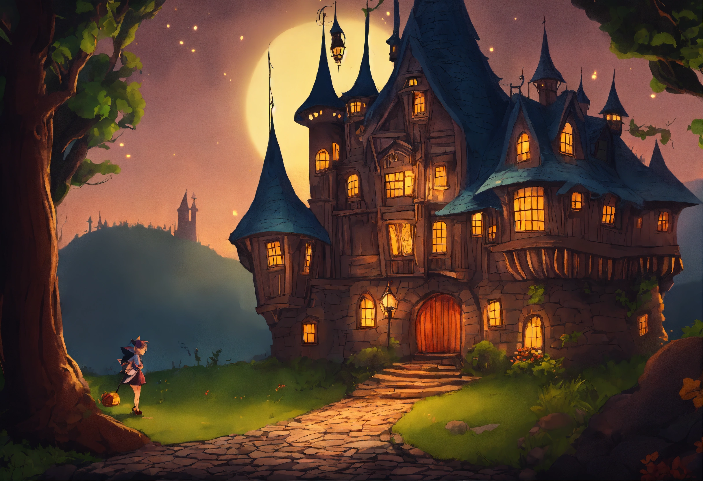 Lexica - Cartoon fairy taie style image inside witch scary big castle ...