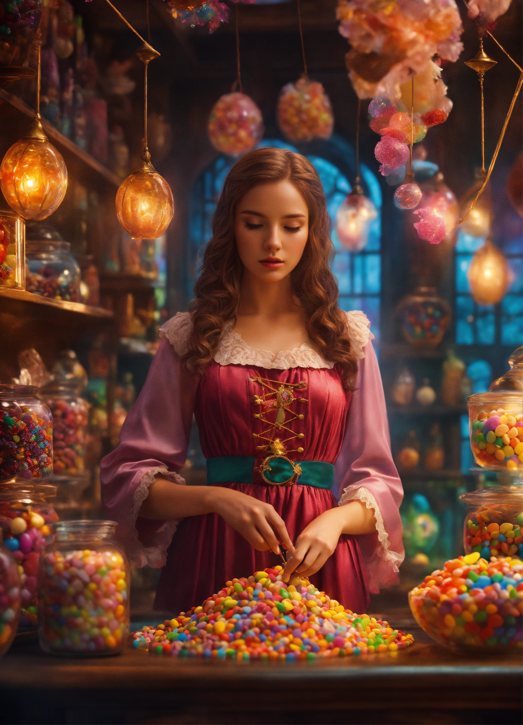 Lexica - Beautiful wizard girl conjuring in a fairy tale candy shop ...
