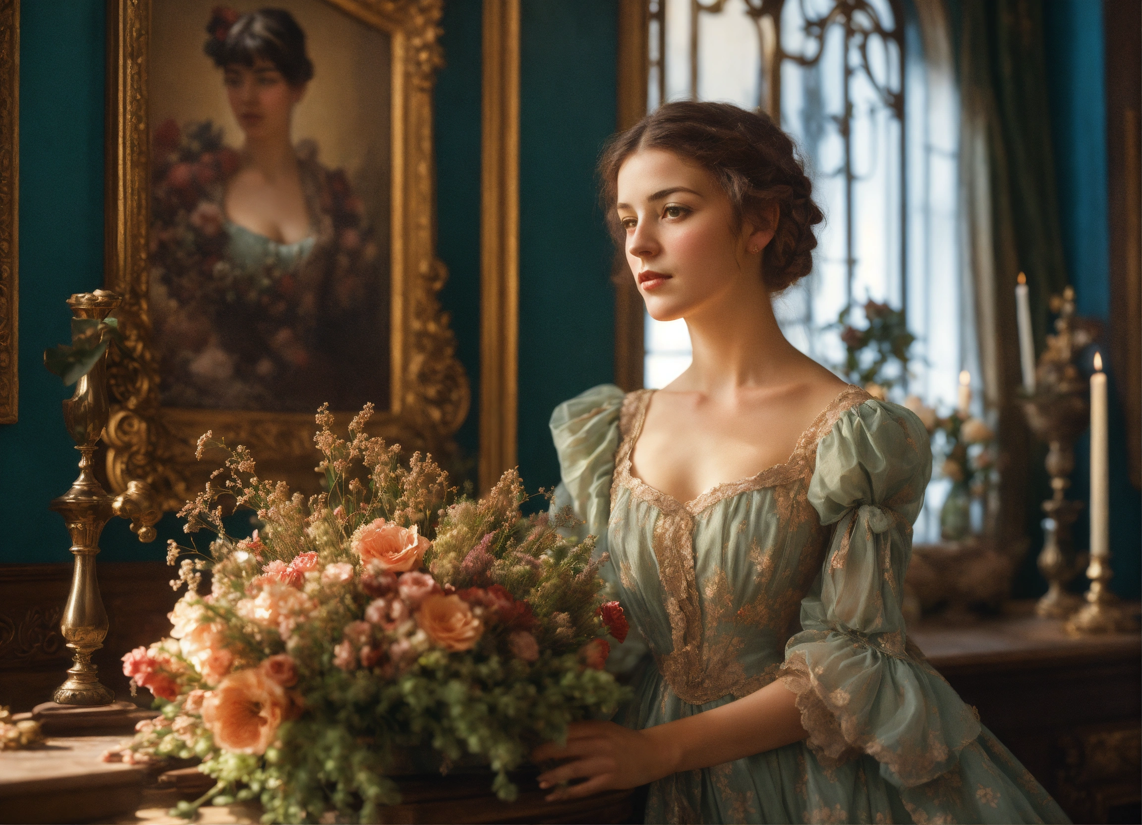 Lexica - Young and beautiful Victorian woman , floral arrangement with ...