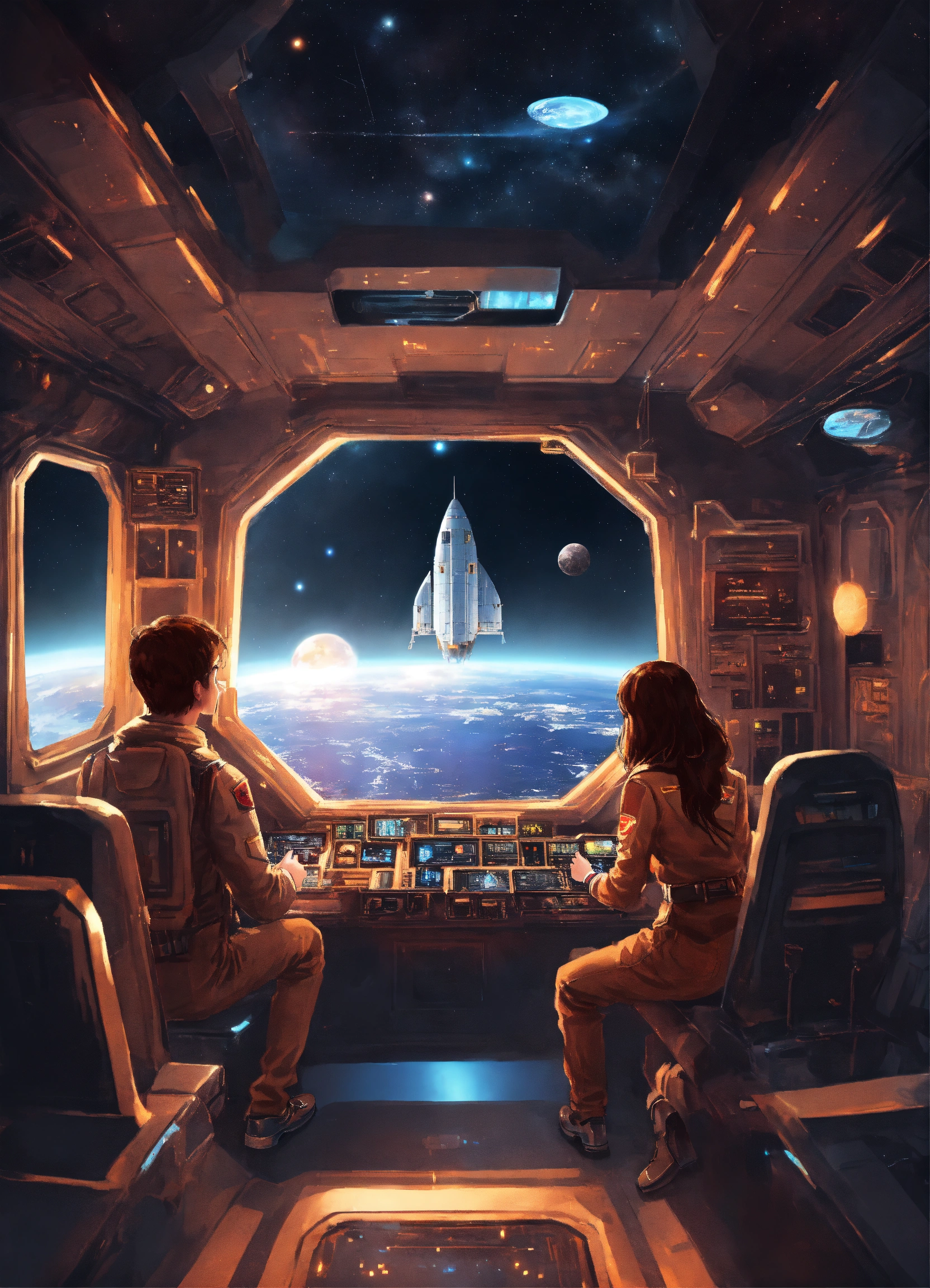 Lexica - Spaceship. Realistic view of space from a ship. Couple in love