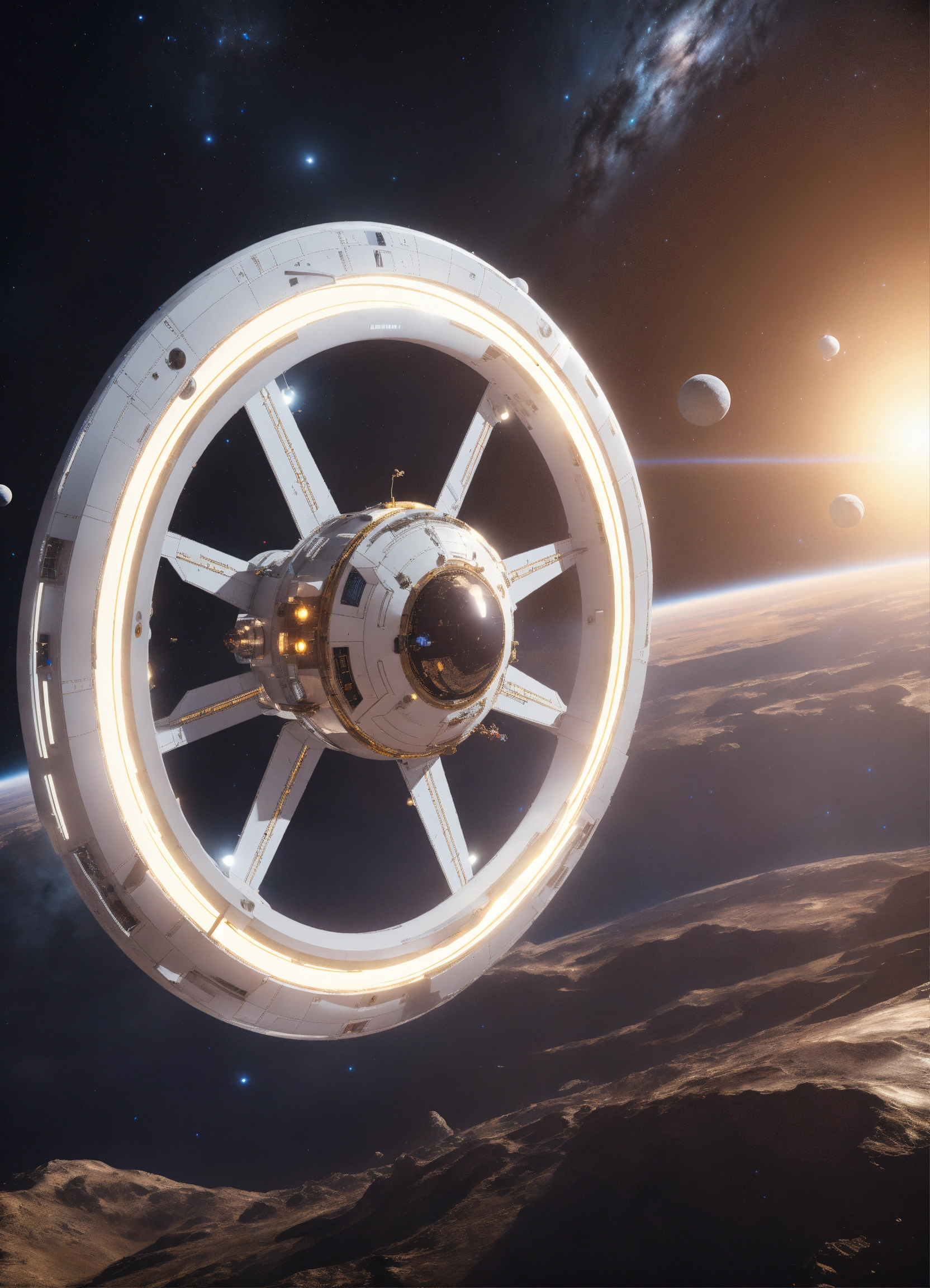 Lexica - Beautiful white disc shaped spaceport hub flying floating in ...