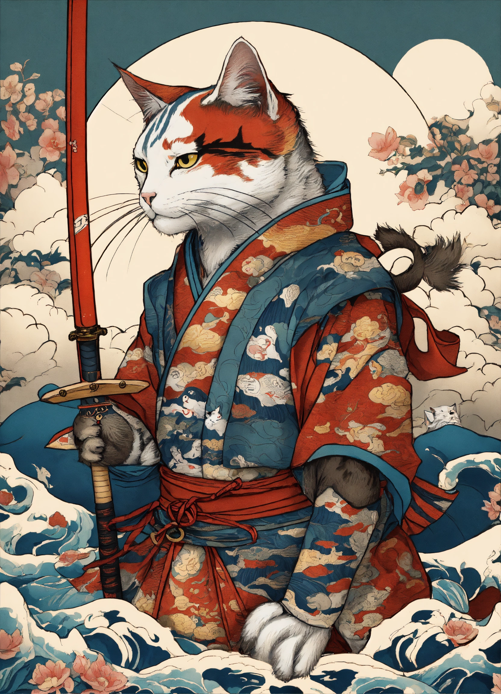 Lexica - There is a cat with a fish and a sword on a white background ...
