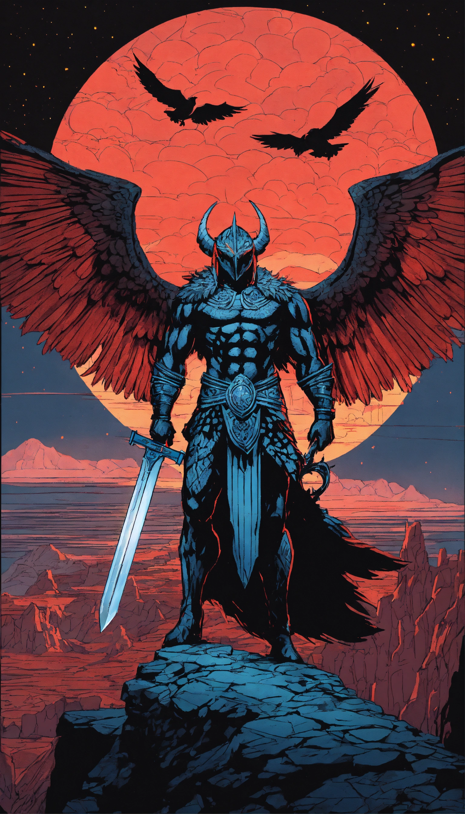 Lexica - Drawing of a mythical creature with muscles, wide wings, sword ...