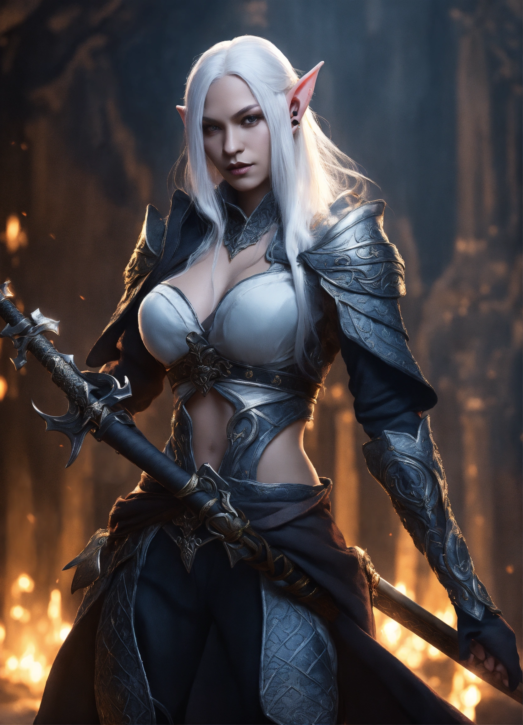 Lexica - Drow Elf Rogue, full body long white hair tucked behind ears, magical right hand ...