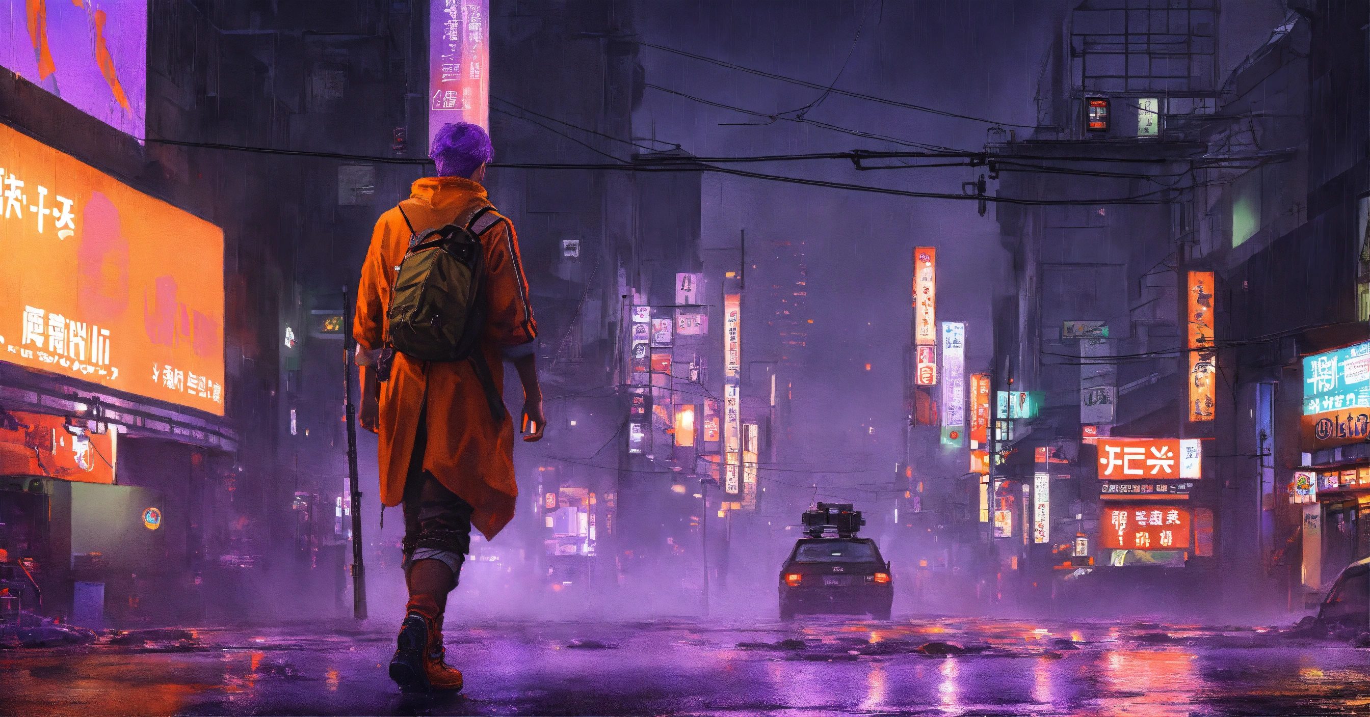Lexica - Tokyo, post-apocalyptic, rainy mood, purple, orange, athletic man