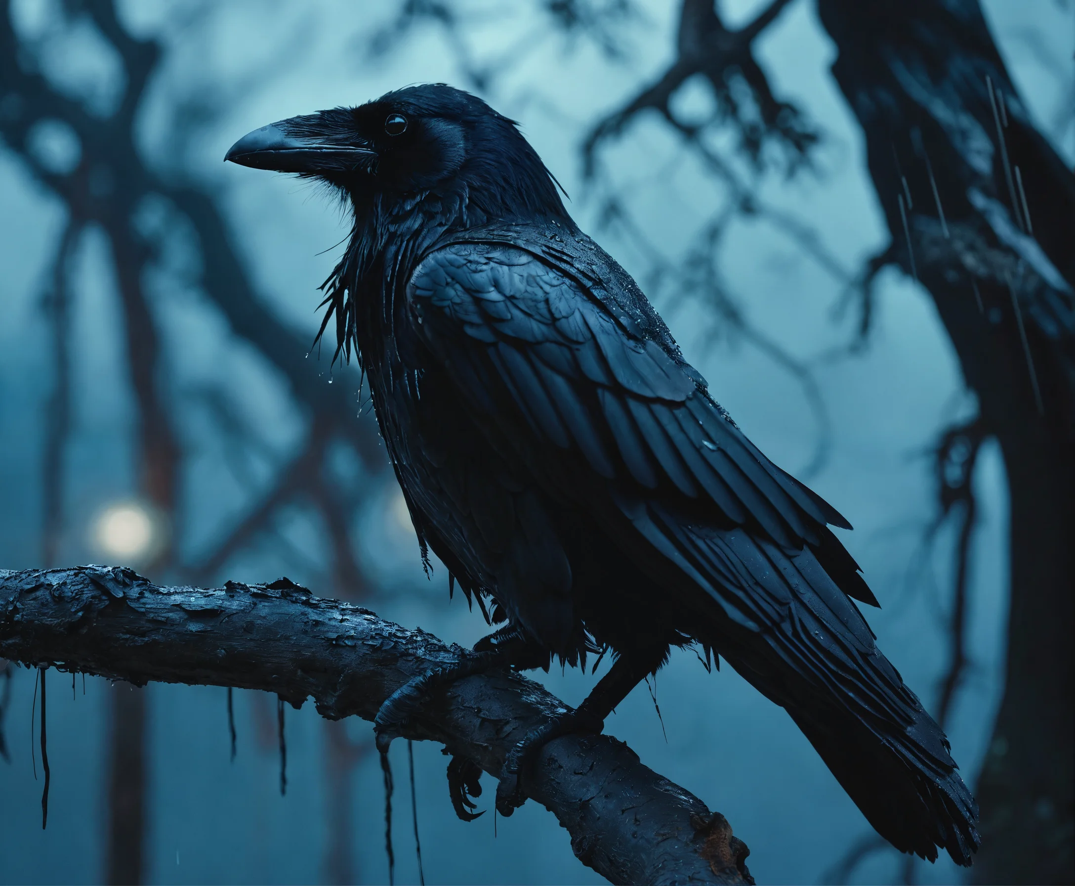 Lexica - A raven sits on a branch of a tree. The raven is lean and ...