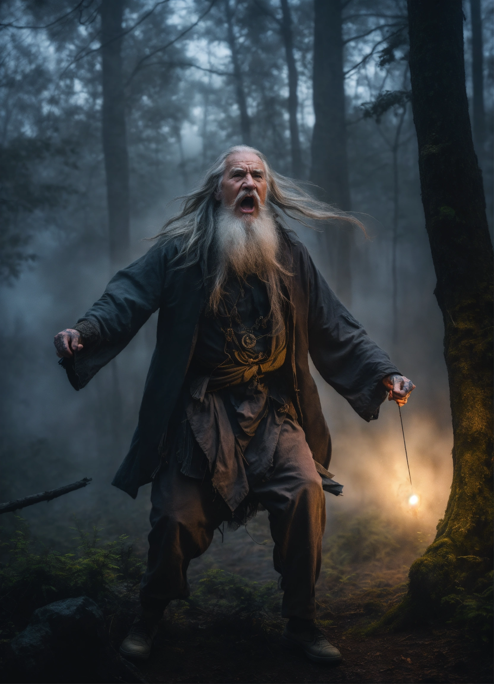 Lexica - In a photo realistic style, a gaunt old tattooed hermit with ...