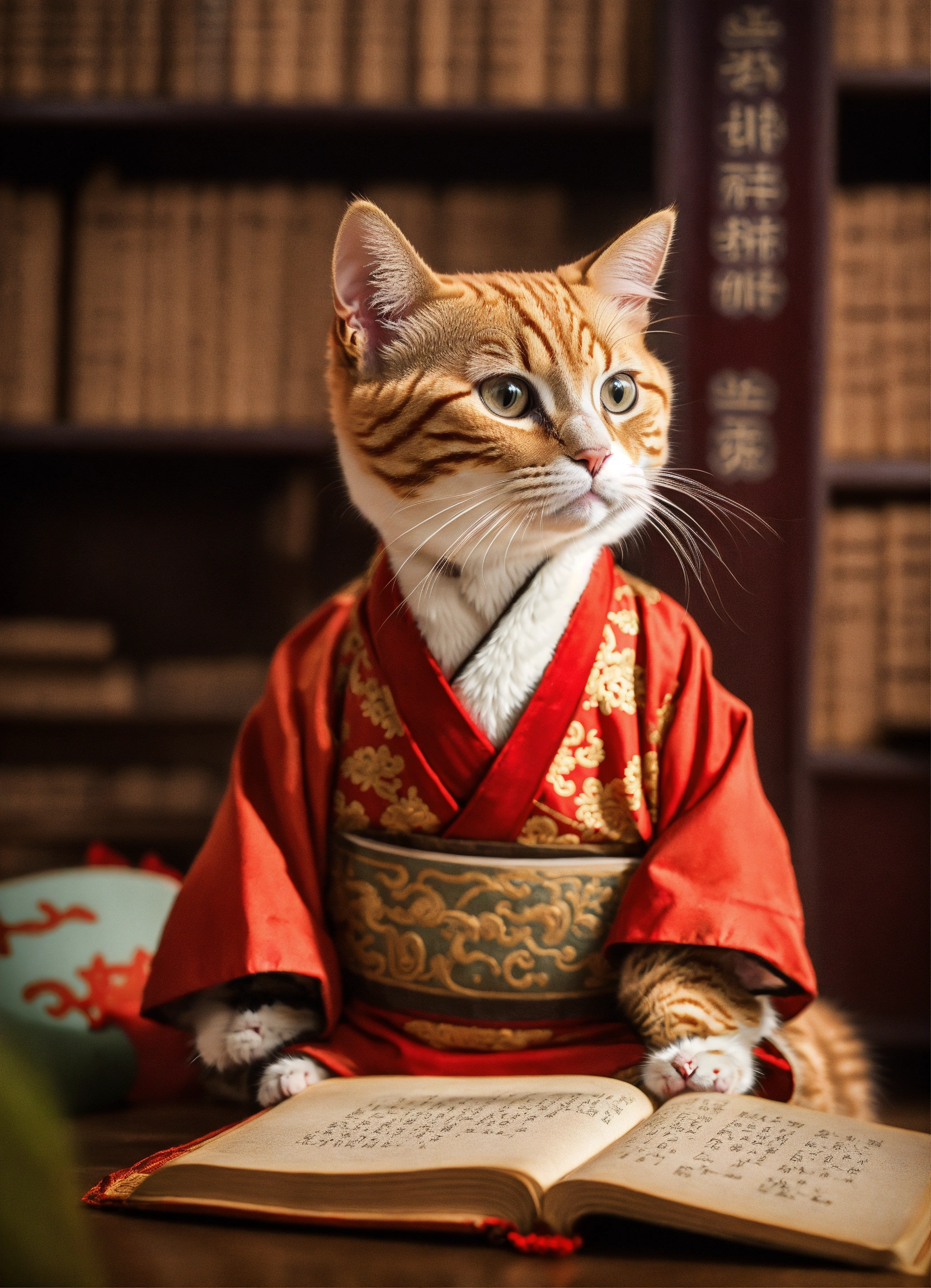 Lexica - A baby cat in Han Dynasty attire, standing in an ancient study ...