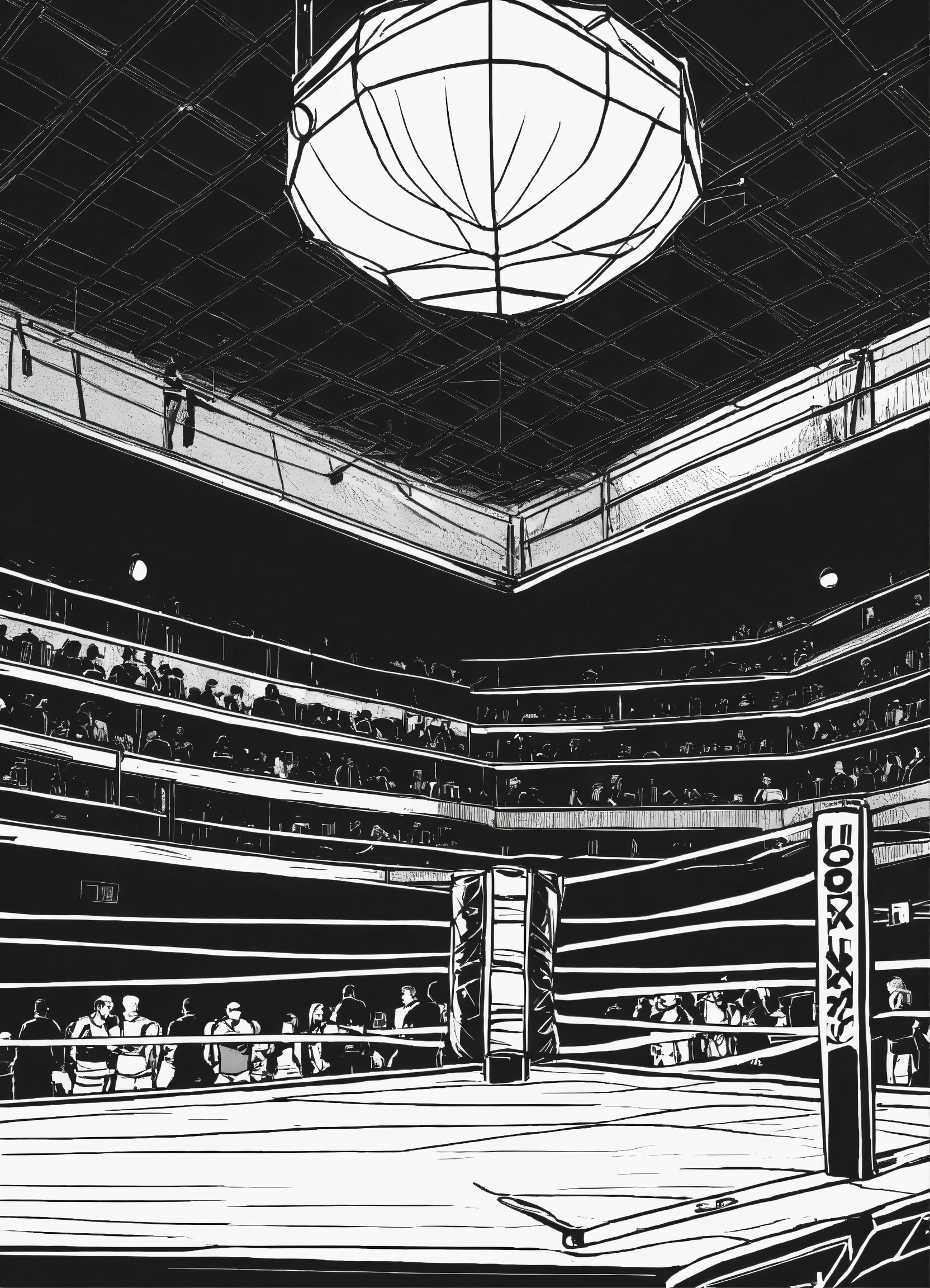 Lexica - A black and white illustration of inside boxing corner