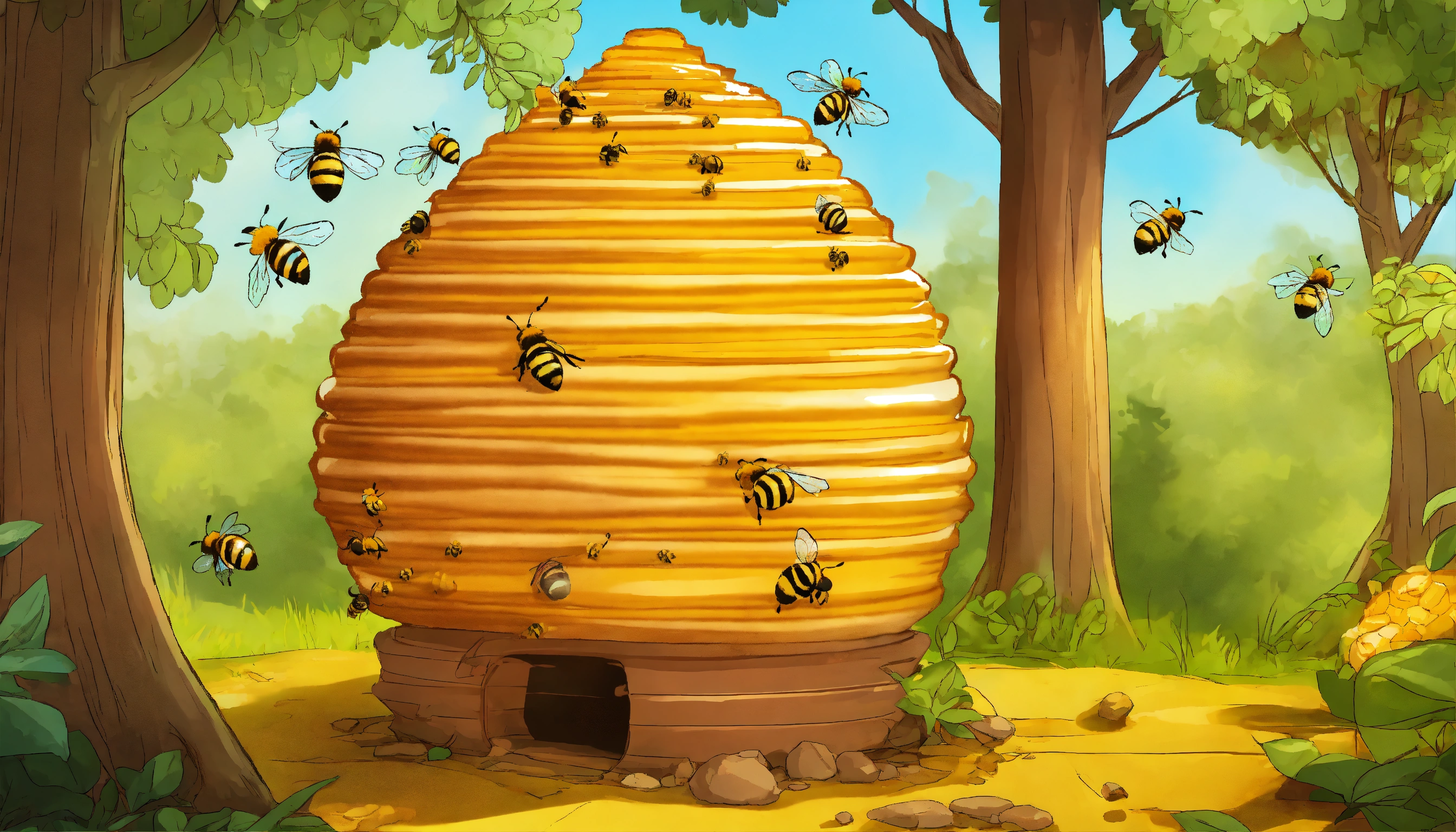 Lexica - A bee hive full of honey in the forest, cartoon