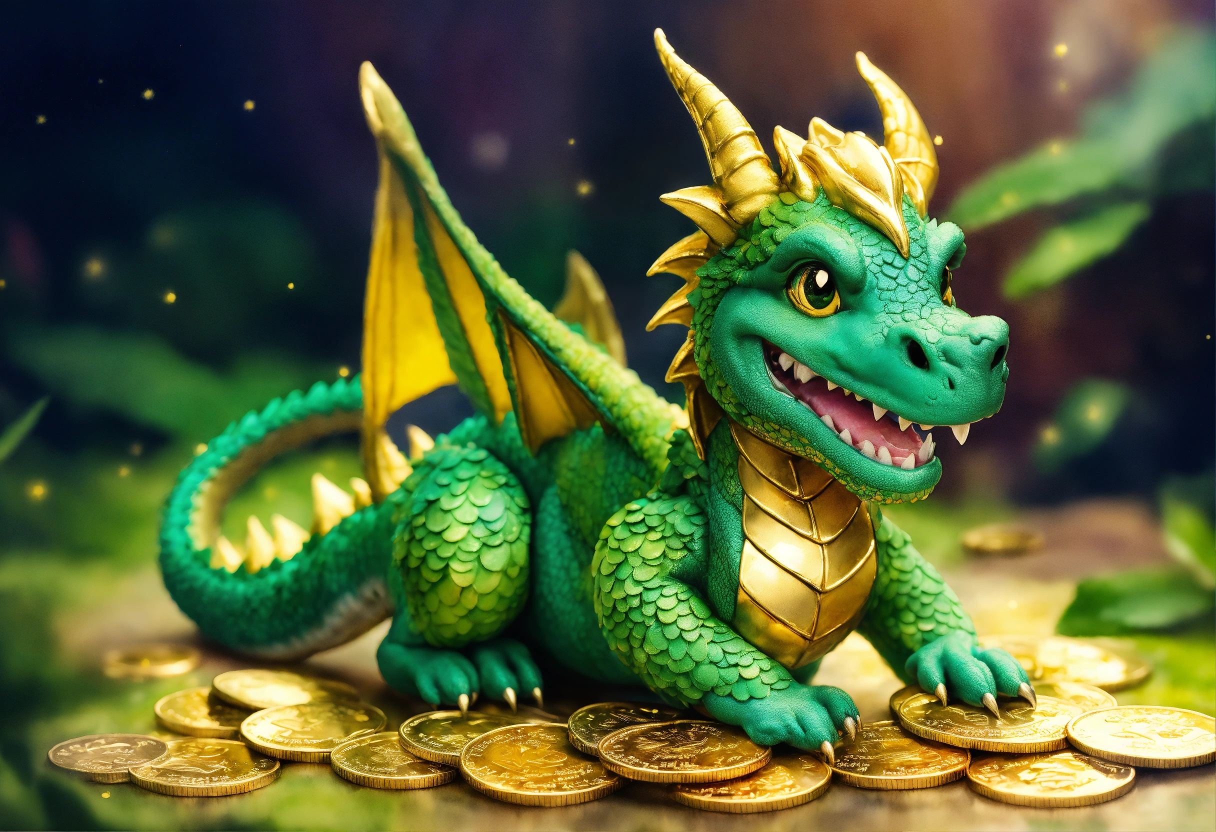 Lexica - Cute, sweet, smiling green and gold dragon sitting on gold ...