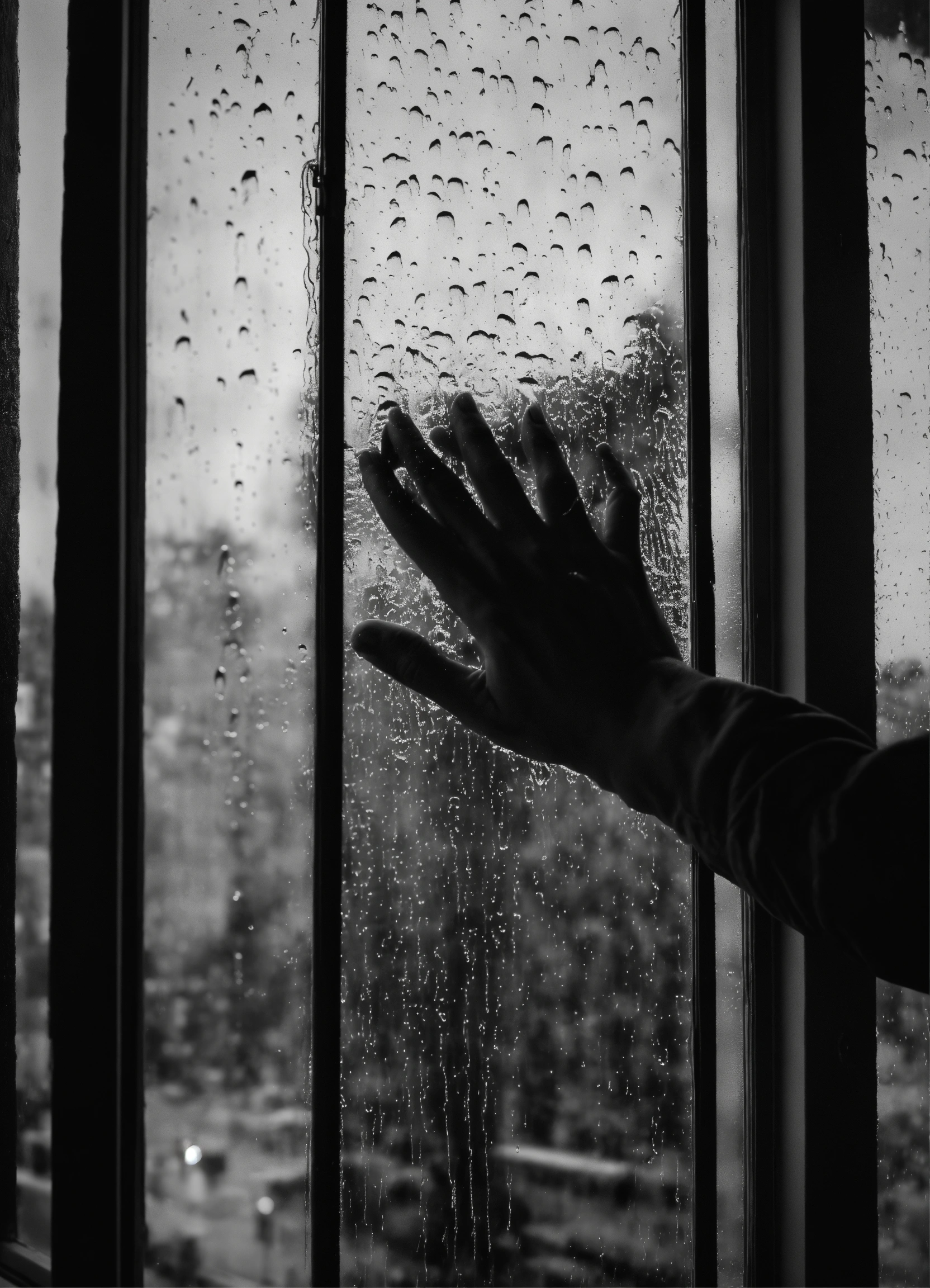 Lexica - Behind a window fogged by rain a hand is palced against the ...