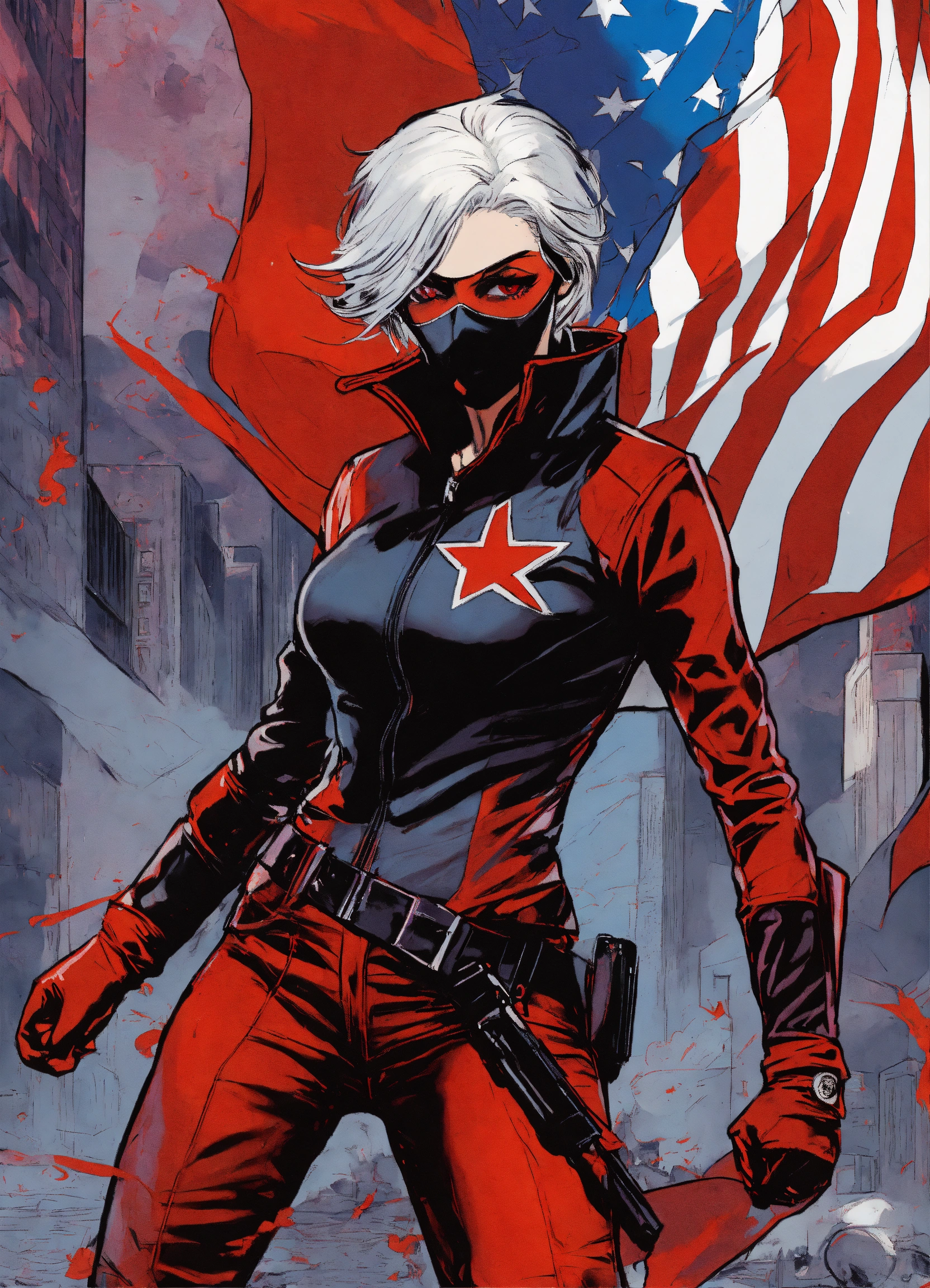 Lexica - Masked silver-haired female vigilante, combat stance, fiery ...