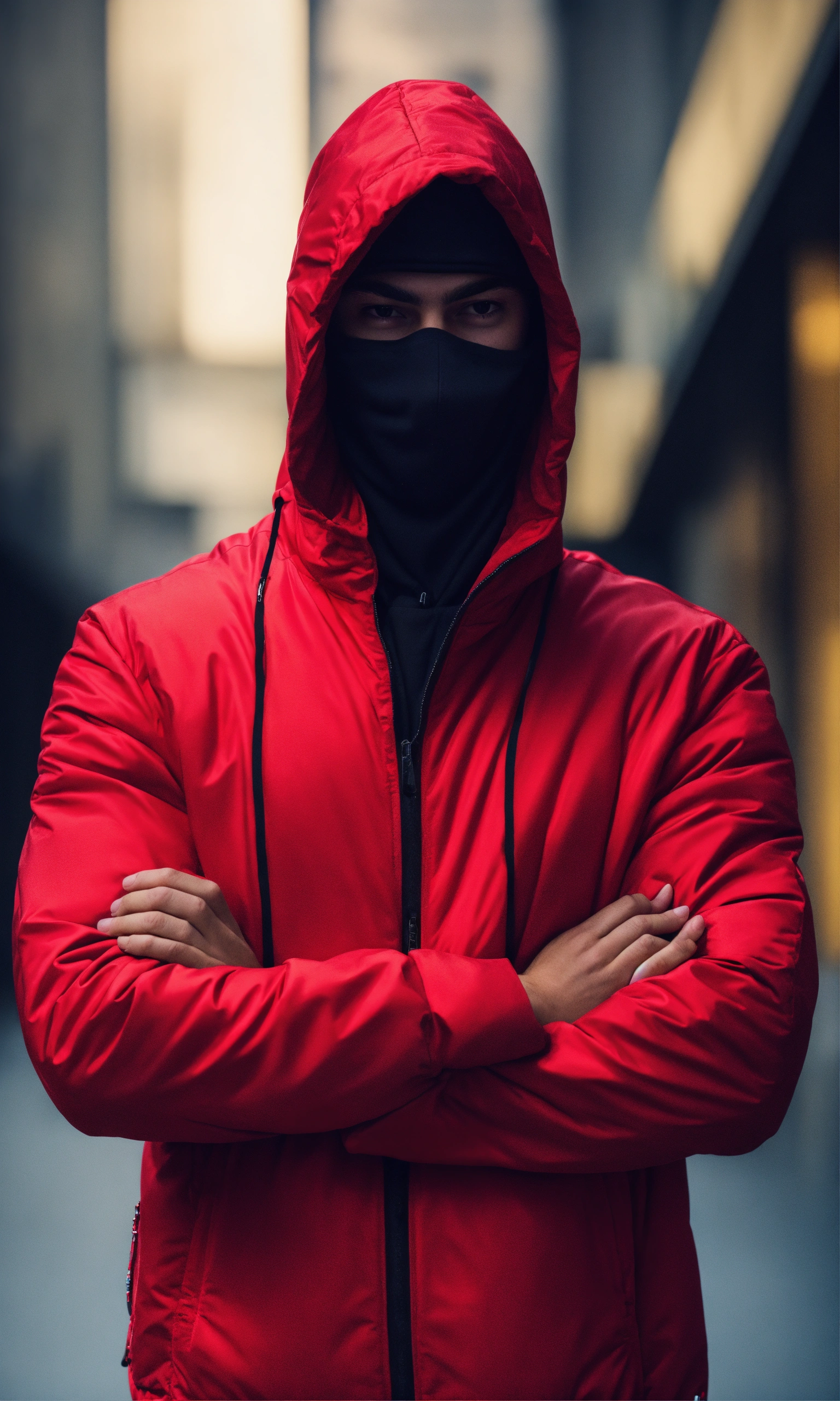 Lexica - Anonymous hacker in red jacket with hidden face with arms crossed