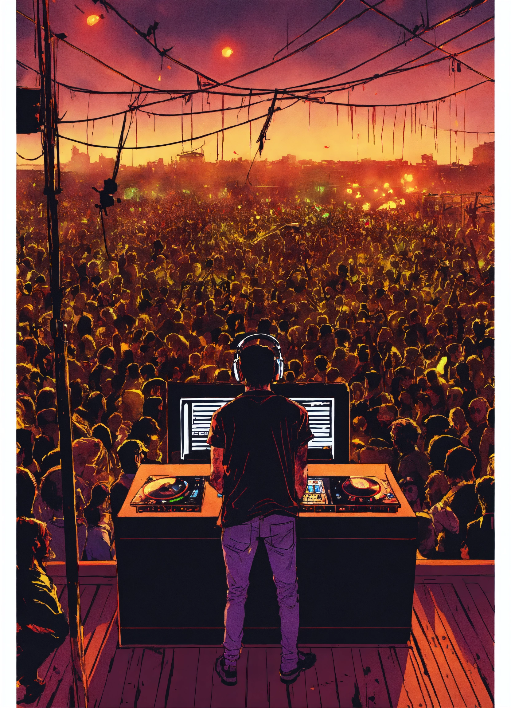 Lexica - A DJ on an elevated stage looking out over a crowded Rave ...