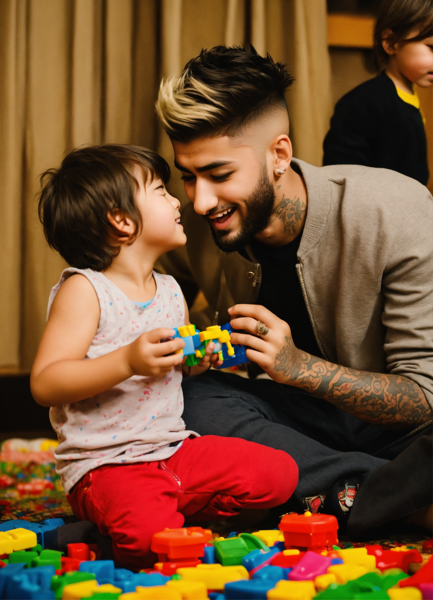 Lexica - Zayn playing with two kids a boy and a girl, girl is six years old