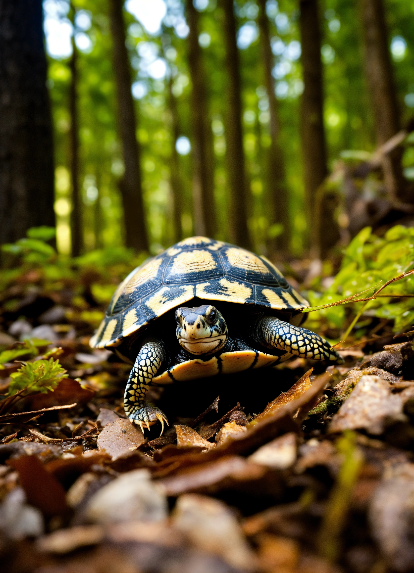 Lexica - A small terrapin with a checkerboard shell crawling in the forest.