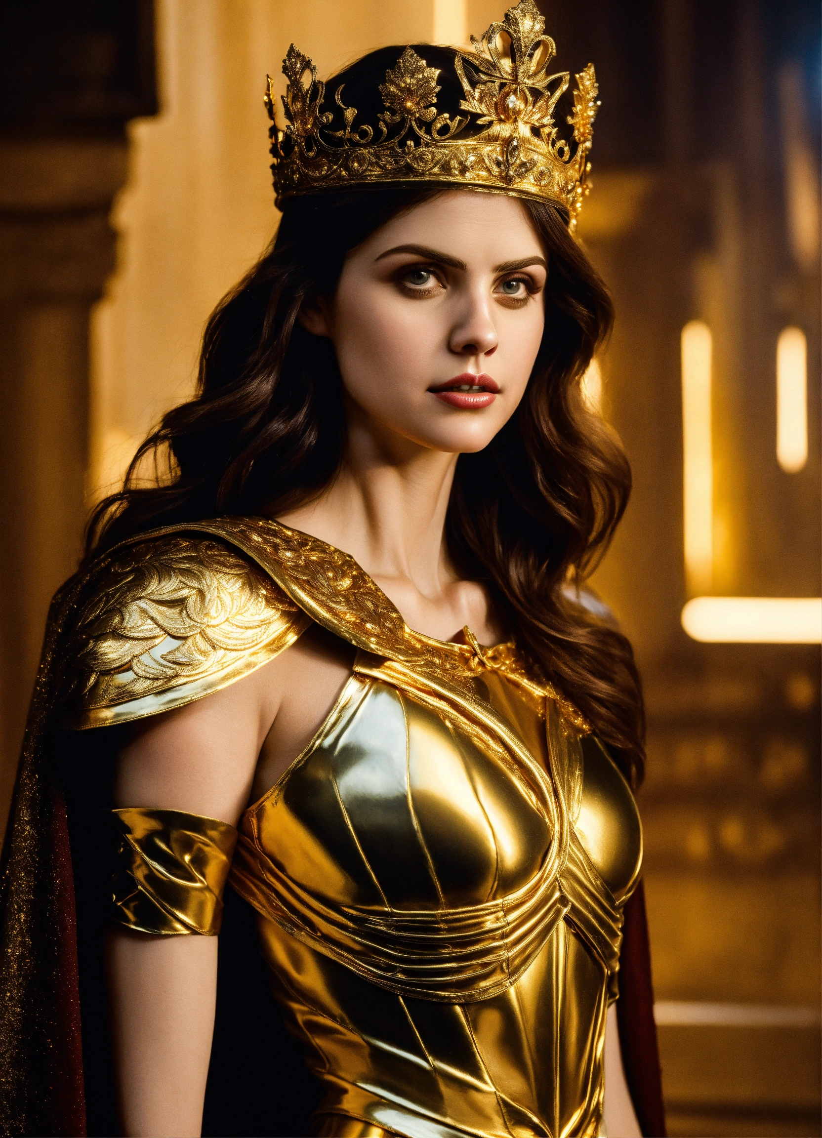 Lexica - Alexandra Daddario as greek goddess in golden armor with crown ...