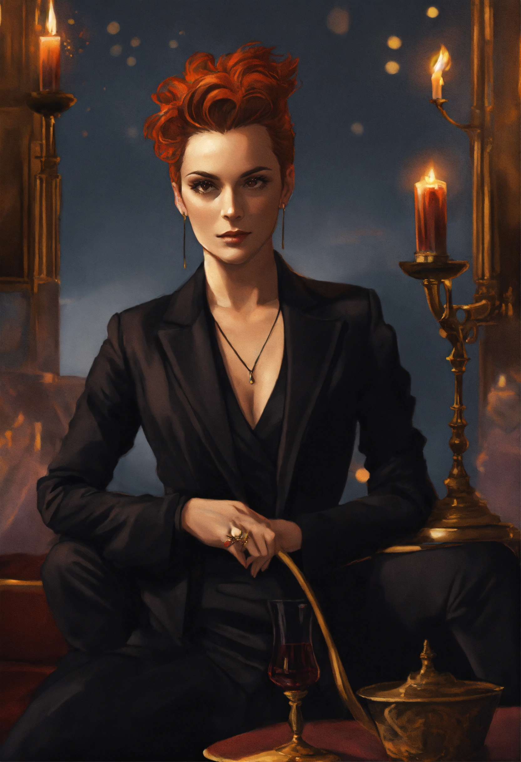 Lexica - Good omens as woman, female Crowley wearing black clothes suit