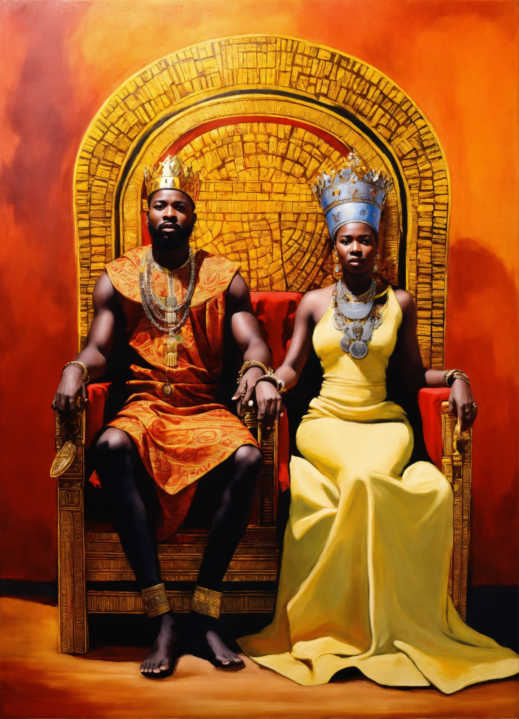 Lexica - African king and his queen on a throne, systemic painting