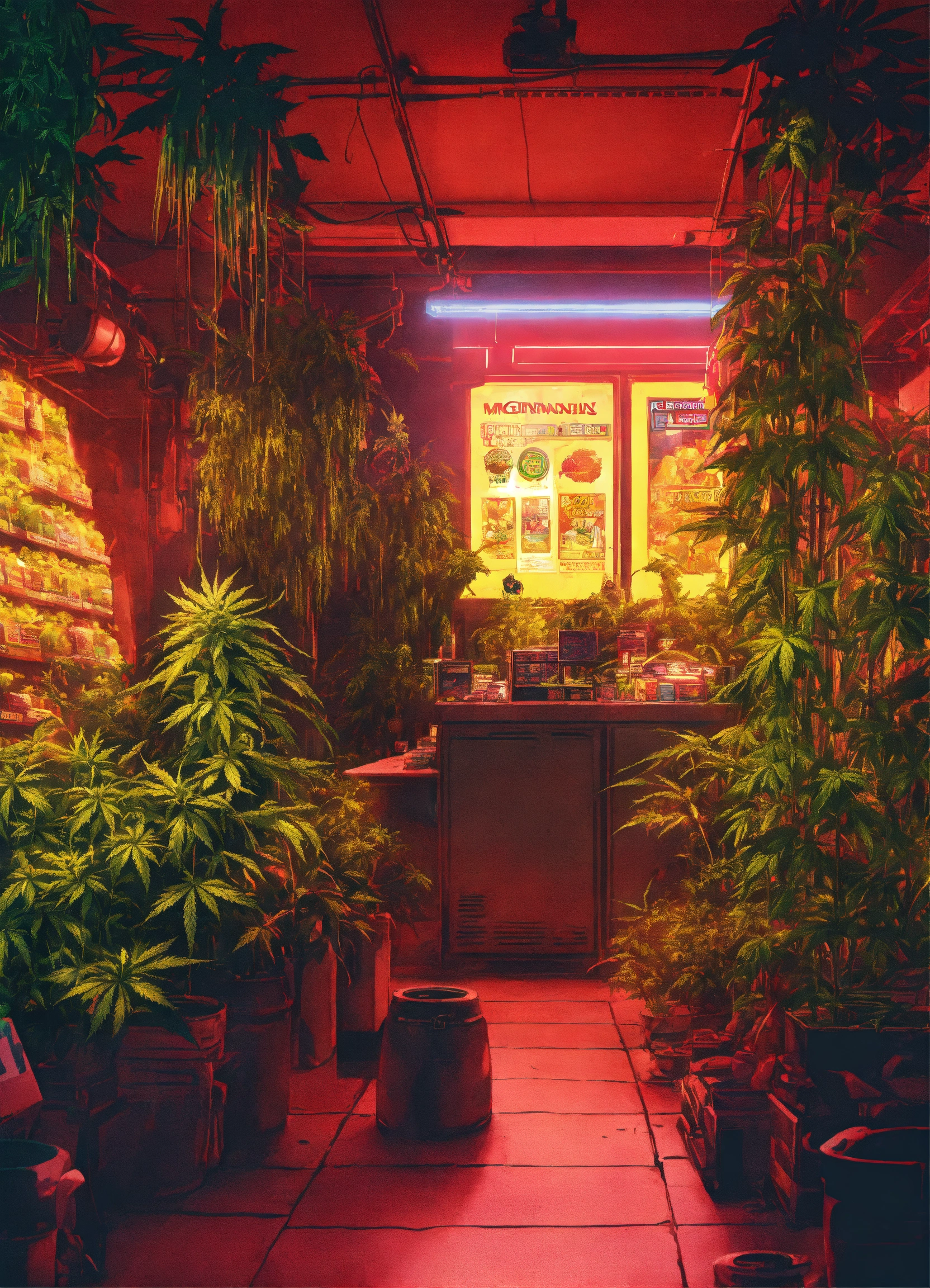 Lexica - Cyberpunk advertising poster of store surrounded by cannabis ...