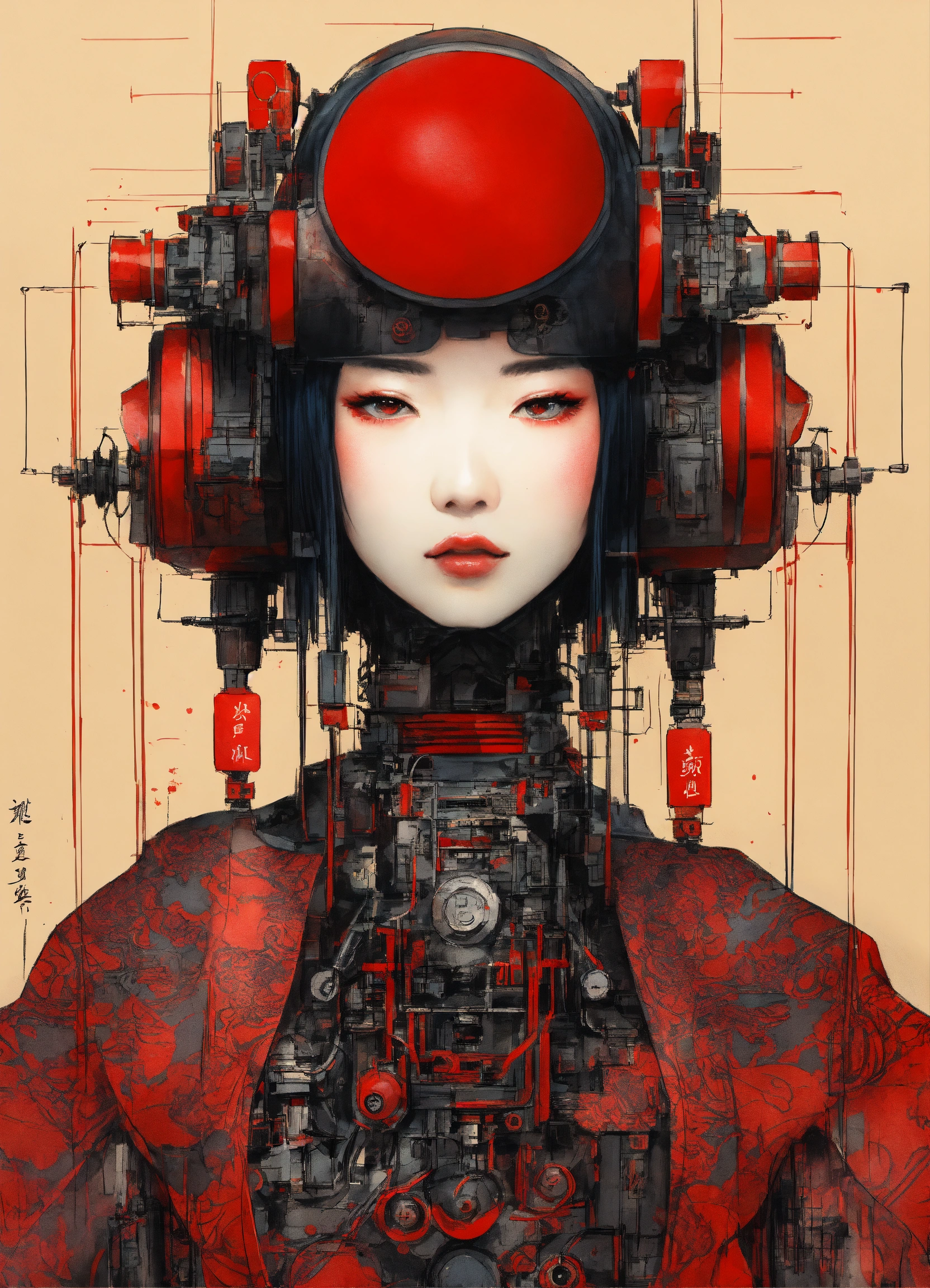 Lexica - Shuǐmò huà, 水墨画, black and red ink, a futurist beautiful girl ...
