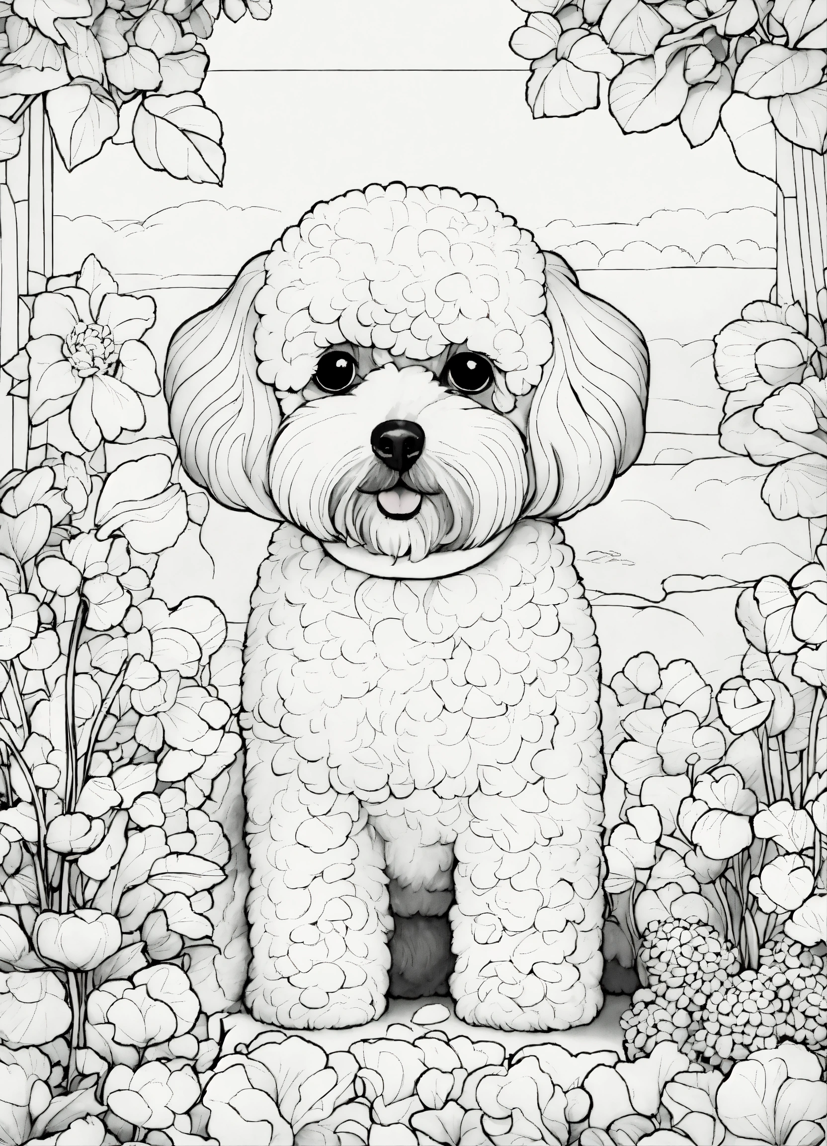 Lexica - Lovely background with Bichon Friese, format as coloring book page