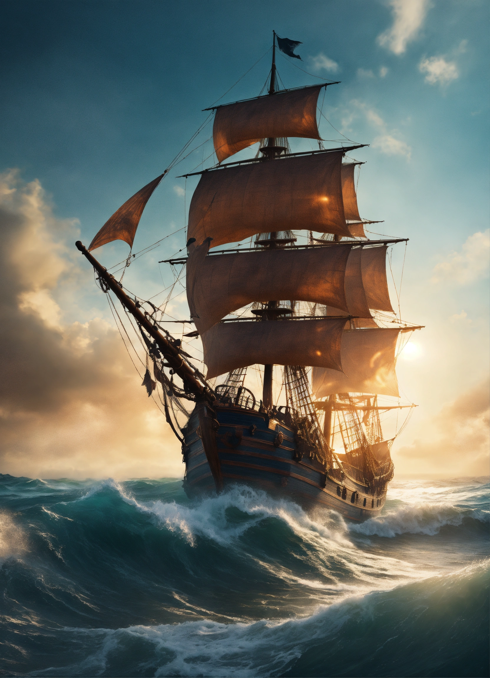 Lexica - Pirate ship damaged sails sailing forward in the waves of a ...