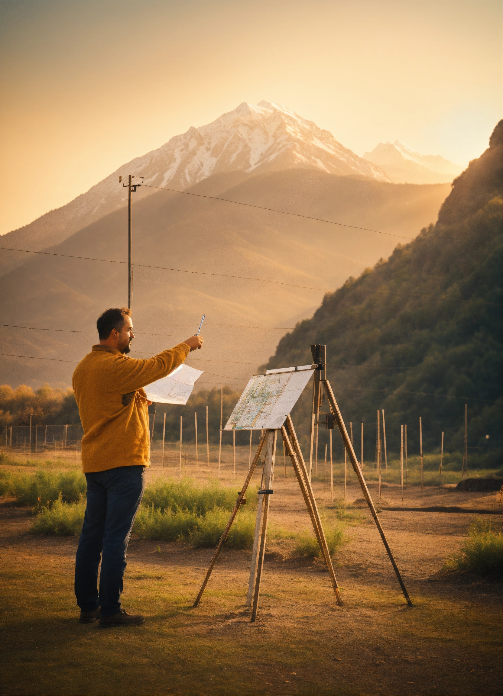 Lexica - Architect on a piece of land pointing to a mountain near by ...