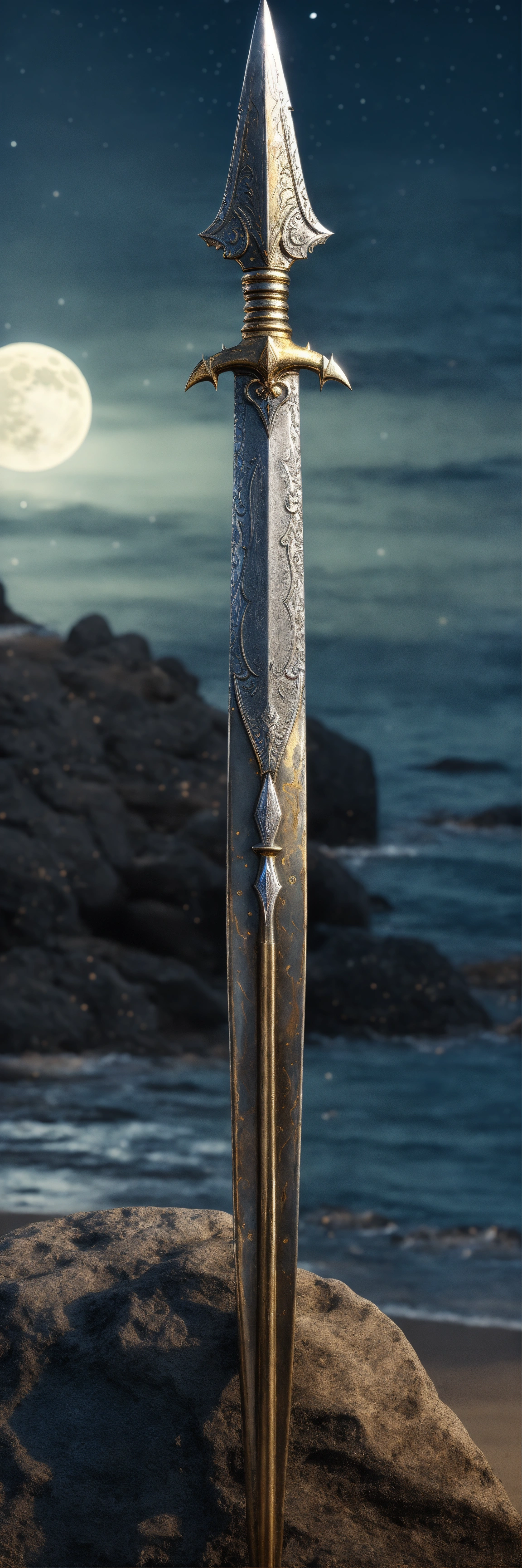 Lexica - 8k, picture of a very long gezackte harpoon with a spearhead ...