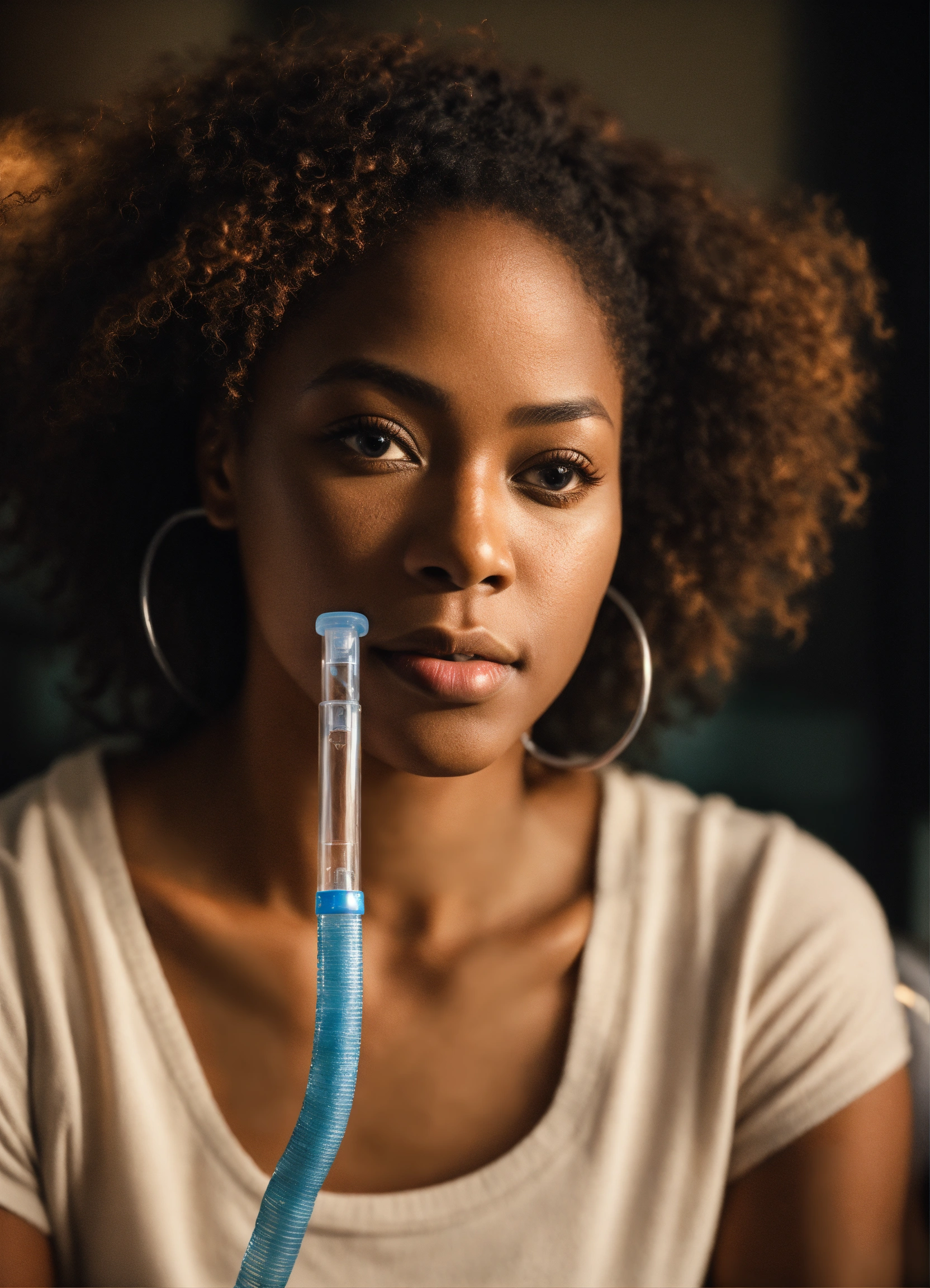 Lexica - A sitting African American woman wearing a small oxygen tube ...