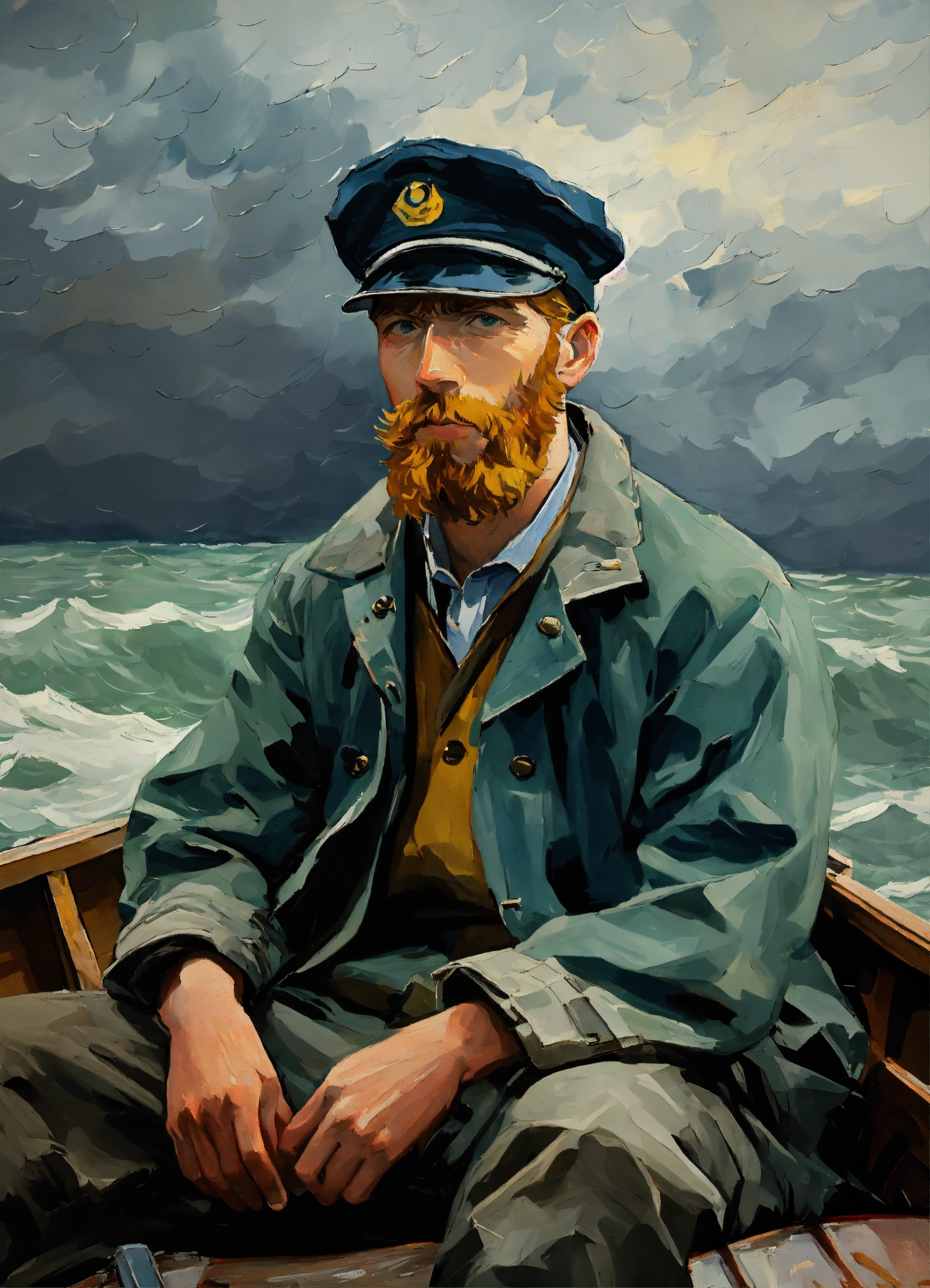 Lexica - Van Gogh style create a fisherman in a full length boat in the ...
