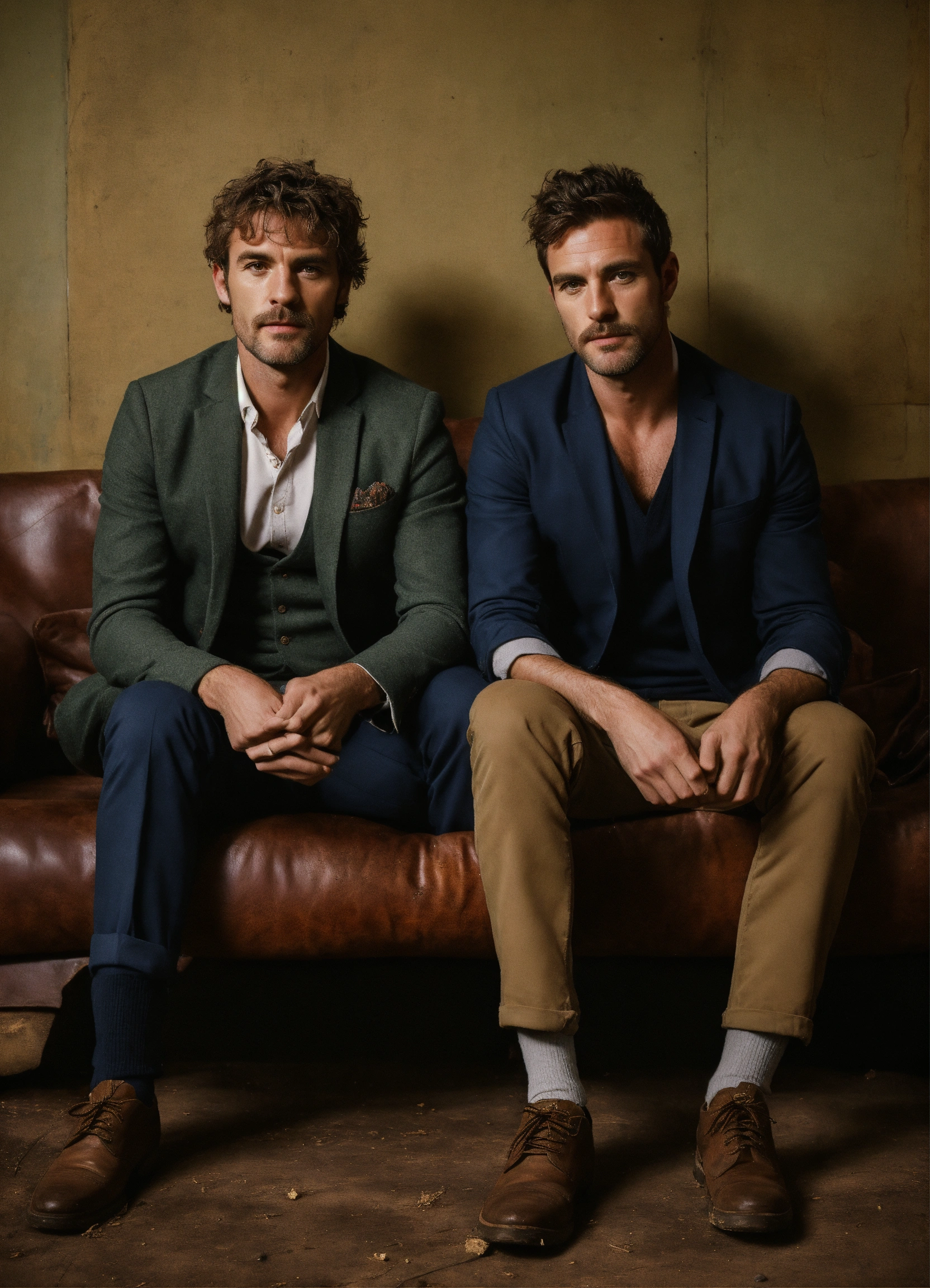 Lexica - 2 scruffy British men, sitting on a small, old, dirty couch ...