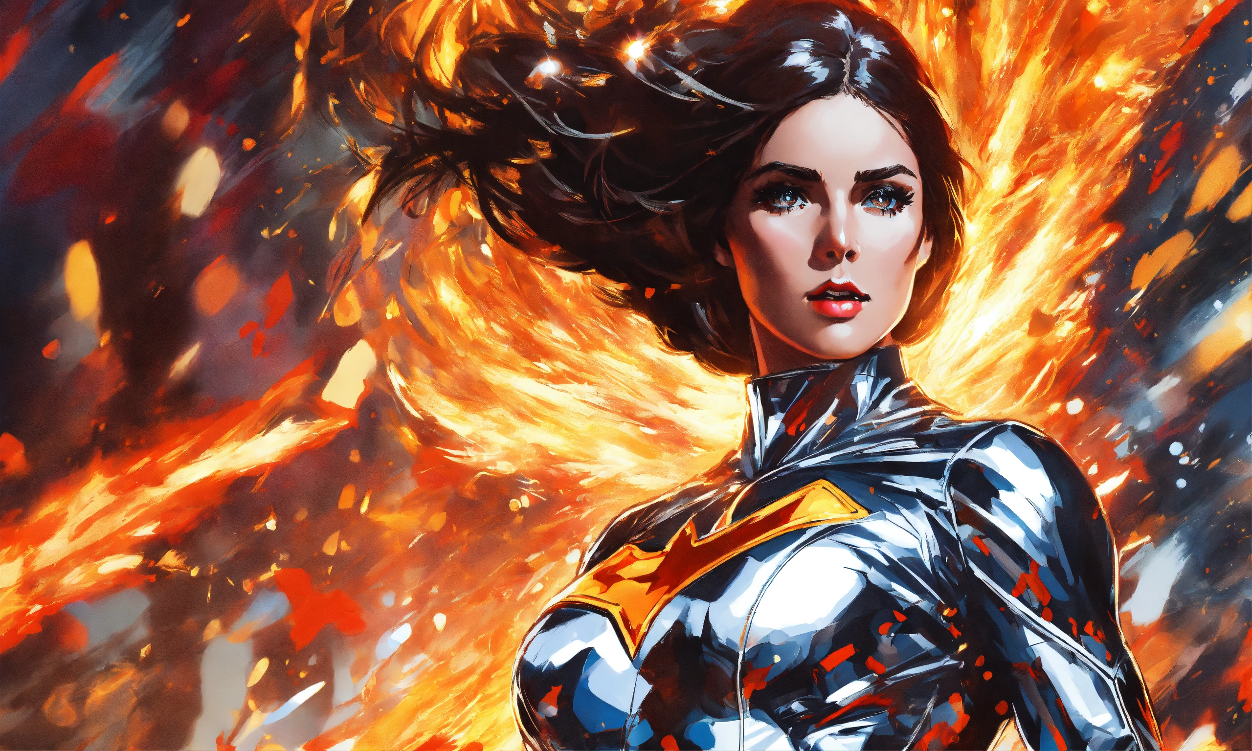 Lexica - Beautiful caped brunette female superhero, action pose, fiery ...