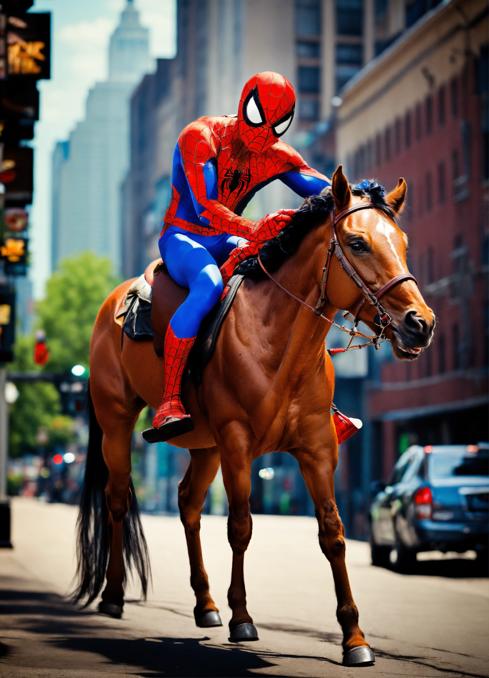 Lexica - Spider man riding a pony to work. downtown. realistic. funny.