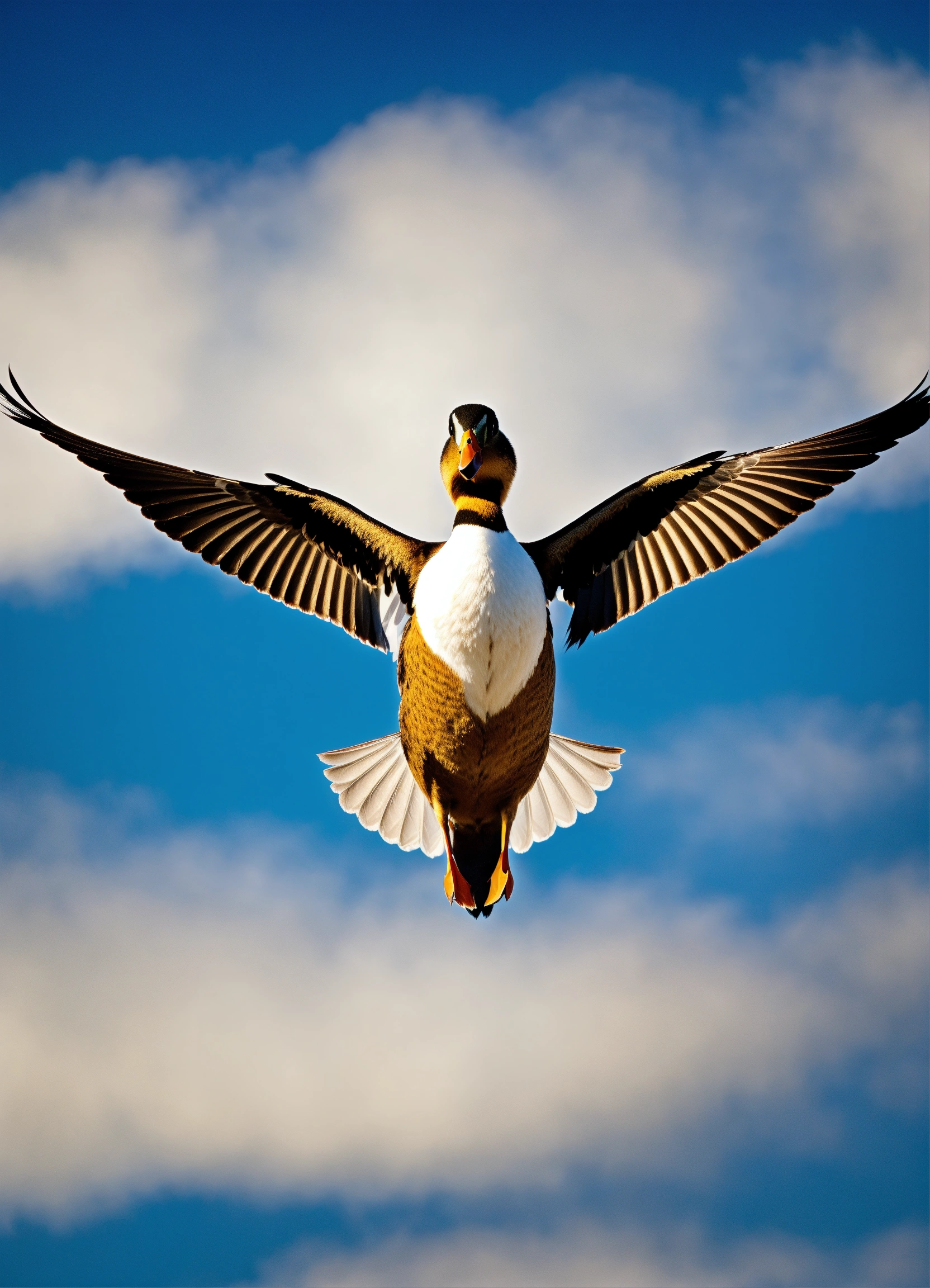 Lexica - Underside closeup duck bird flying photo symmetrical sky