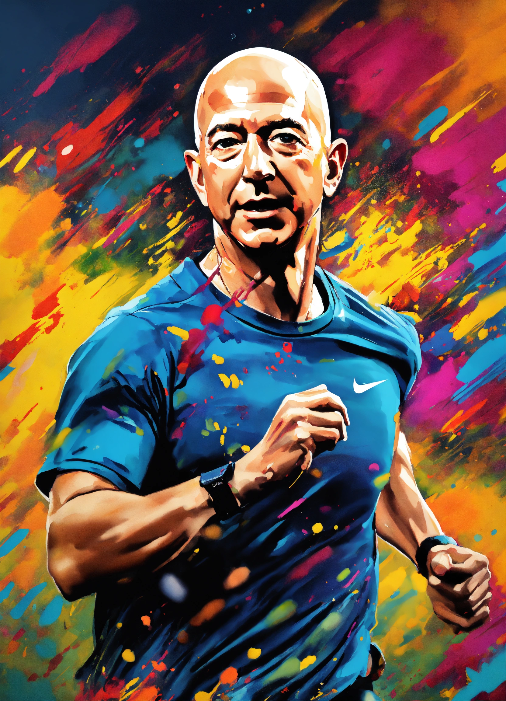 Lexica - A painting of 'Jeff Bezos' running with t-shirt in a field ...