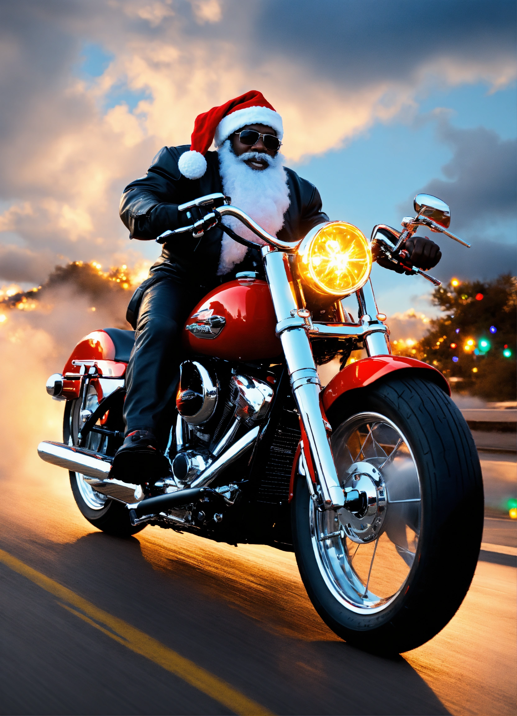 Lexica - Black Santa riding a Harley motorcycle with glowing tire rims ...