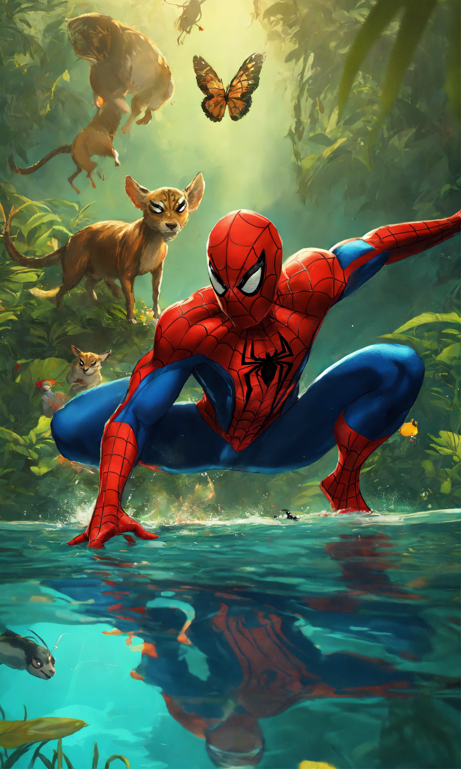 Lexica - Spiderman swimming with animals in the jungle, 2D render, full ...