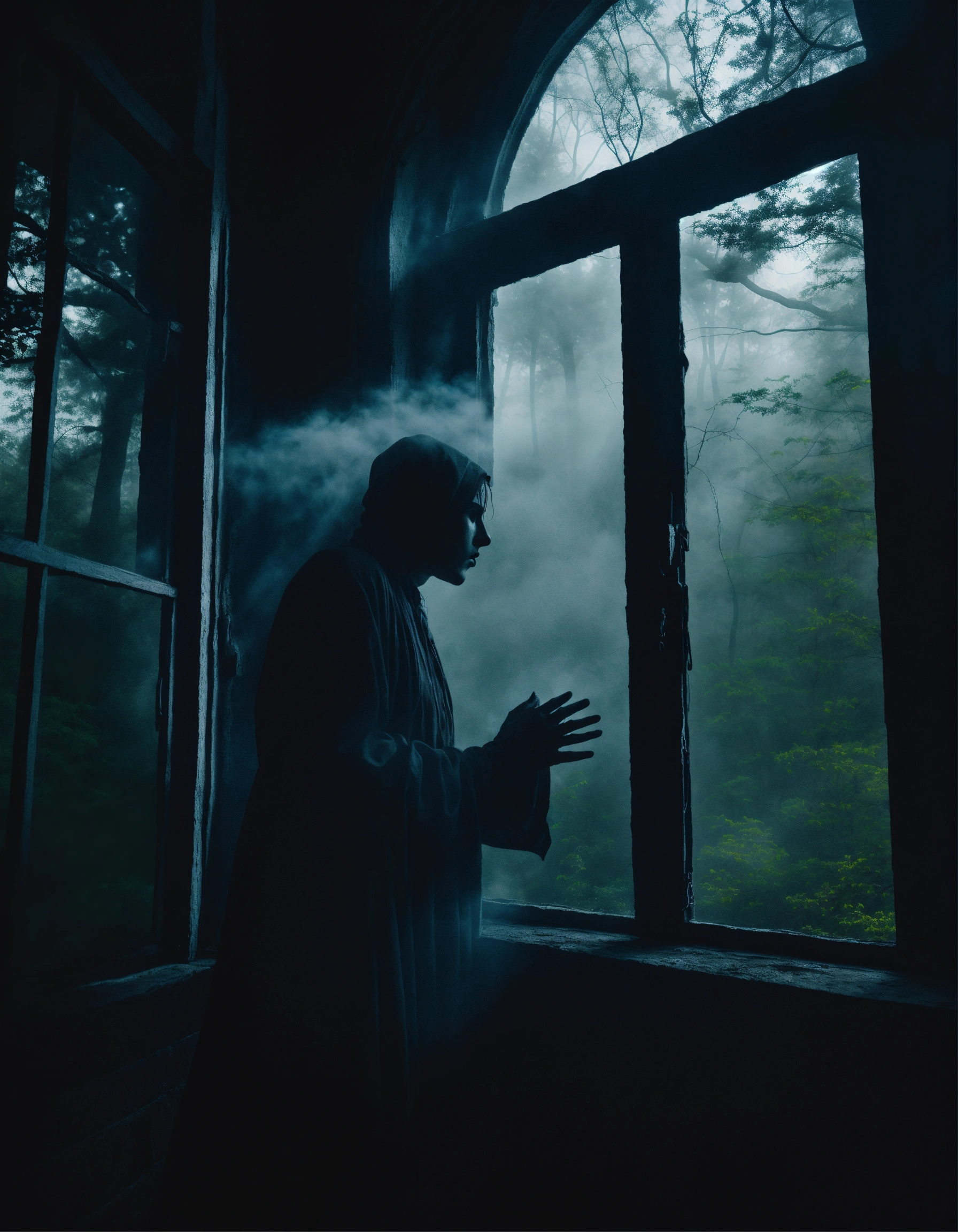 Lexica - Haunted ghost, scary, stalker, dark tones, misty forest ...