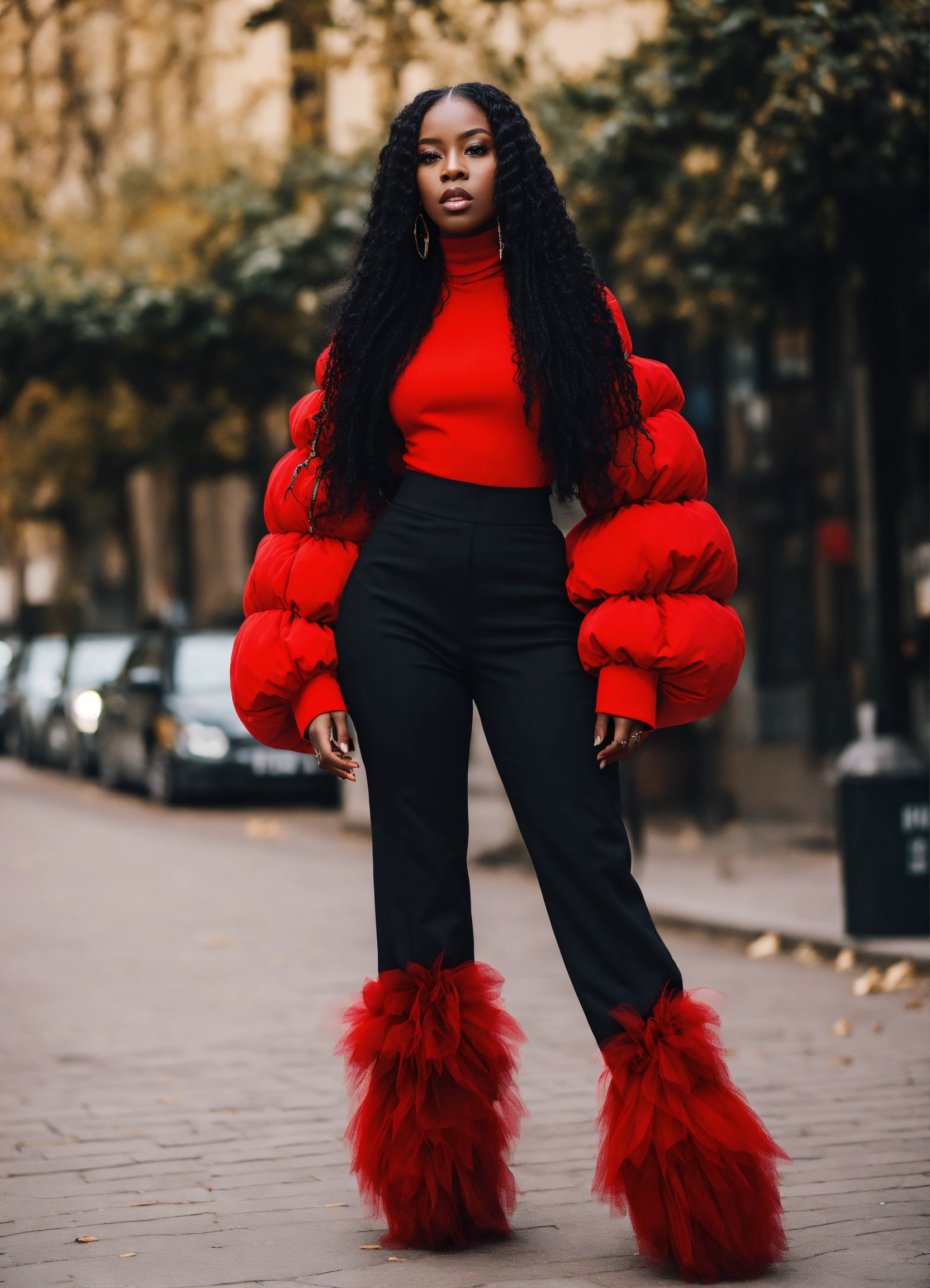 Lexica - Black woman, in red high fashion street wear with puffer ...