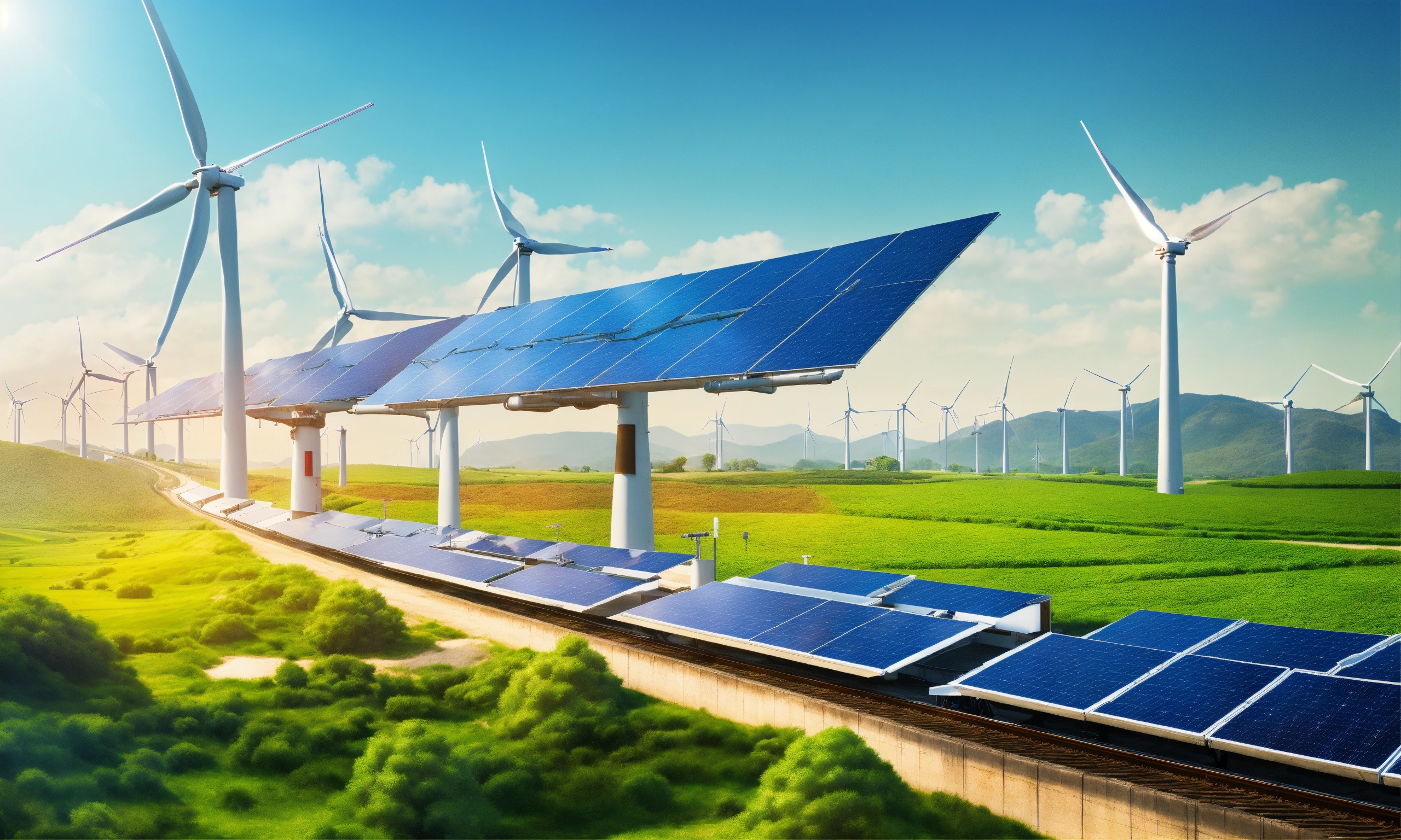 Lexica - Landscape with green landscape, blue sky, some wind turbine ...