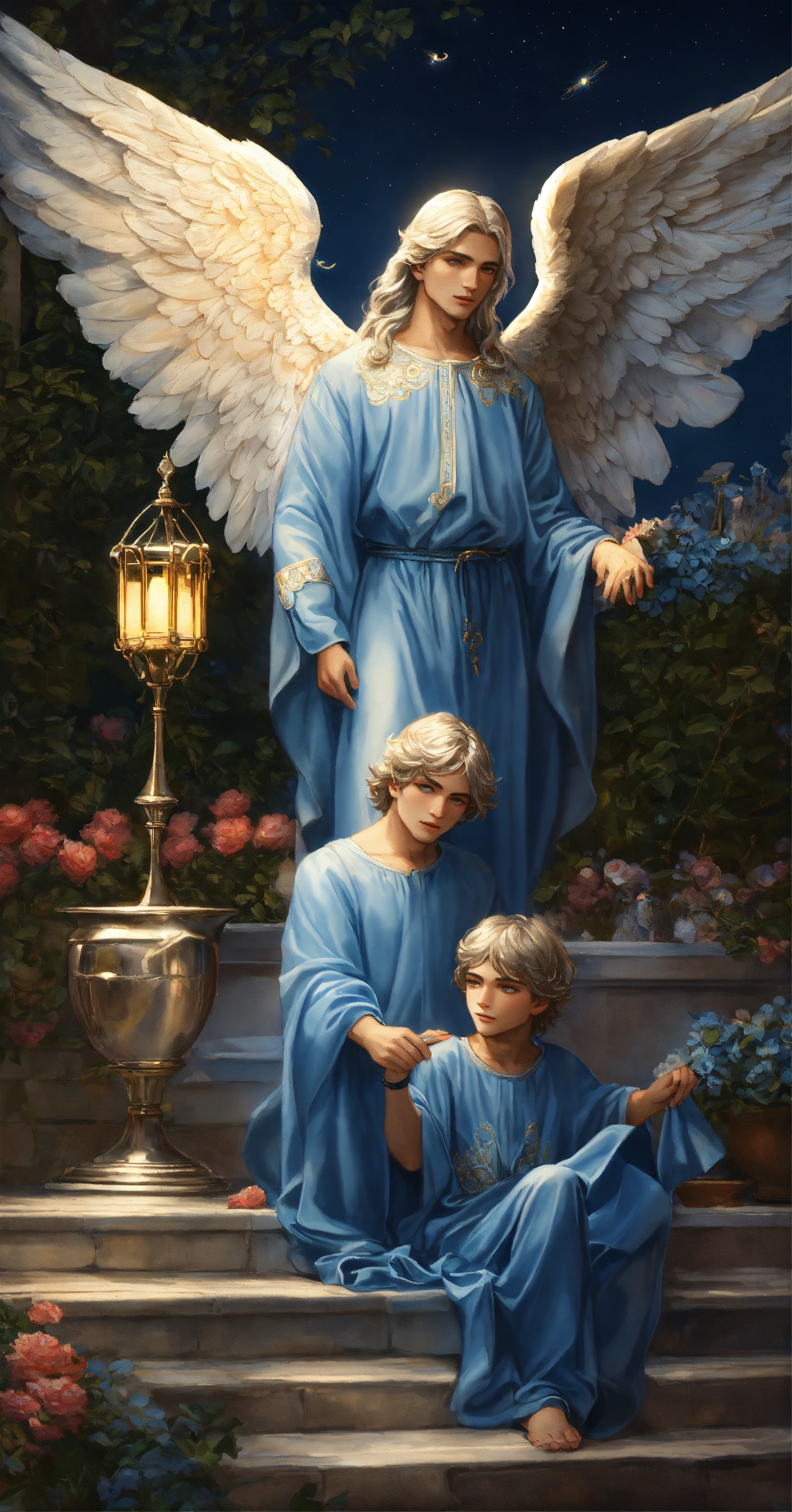 Lexica - 2 male guardian angels with detailed and luminous blue angel wings. 1 30-year-old male ...