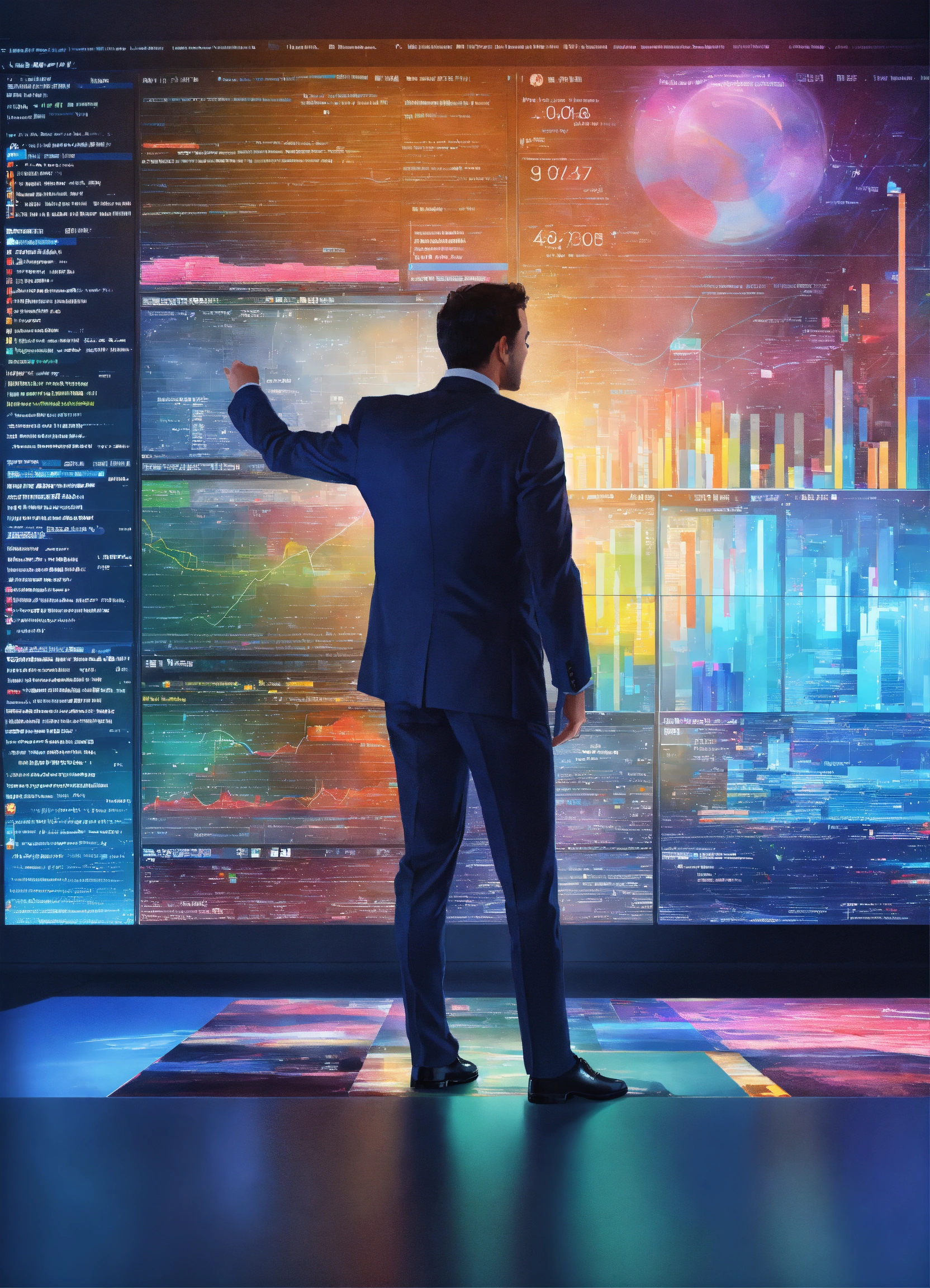 Lexica - A vibrant image depicts a businessman standing behind a fully ...