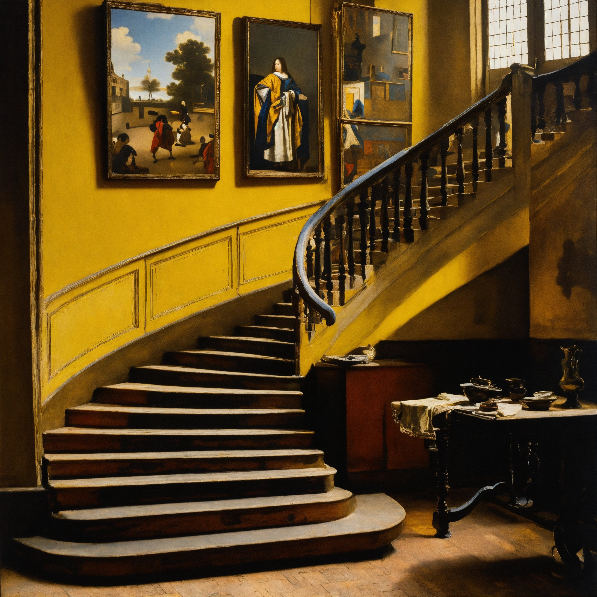 Lexica - Dutch artist, Johannes Vermeer, abstract expressionism, stairs.